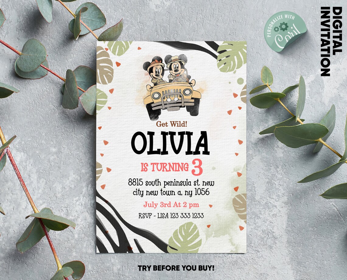 Mickey Mouse Safari Birthday Invitation INSTANT DOWNLOAD - Mickey Mouse ...