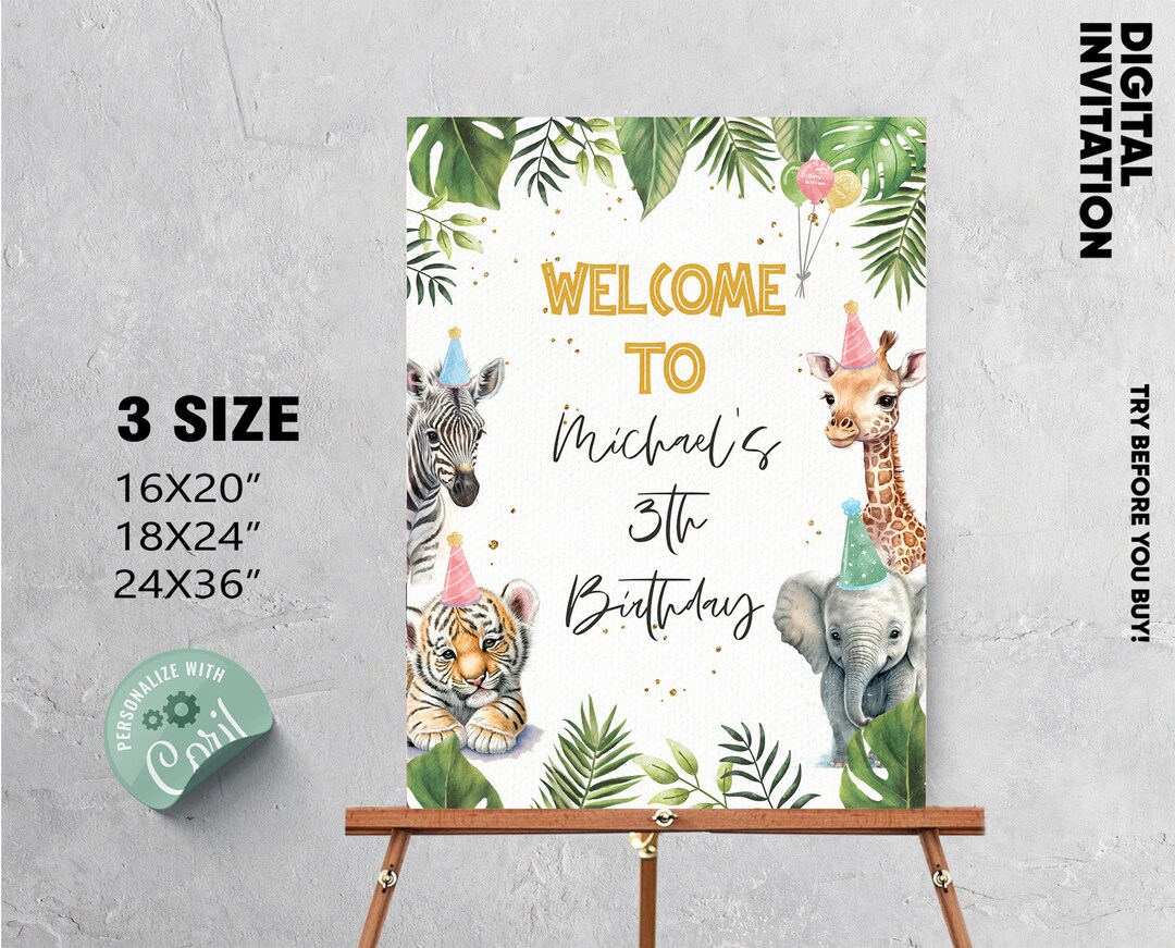 Animals Birthday Welcome Sign, Zoo Safari Animals Party Personalized ...