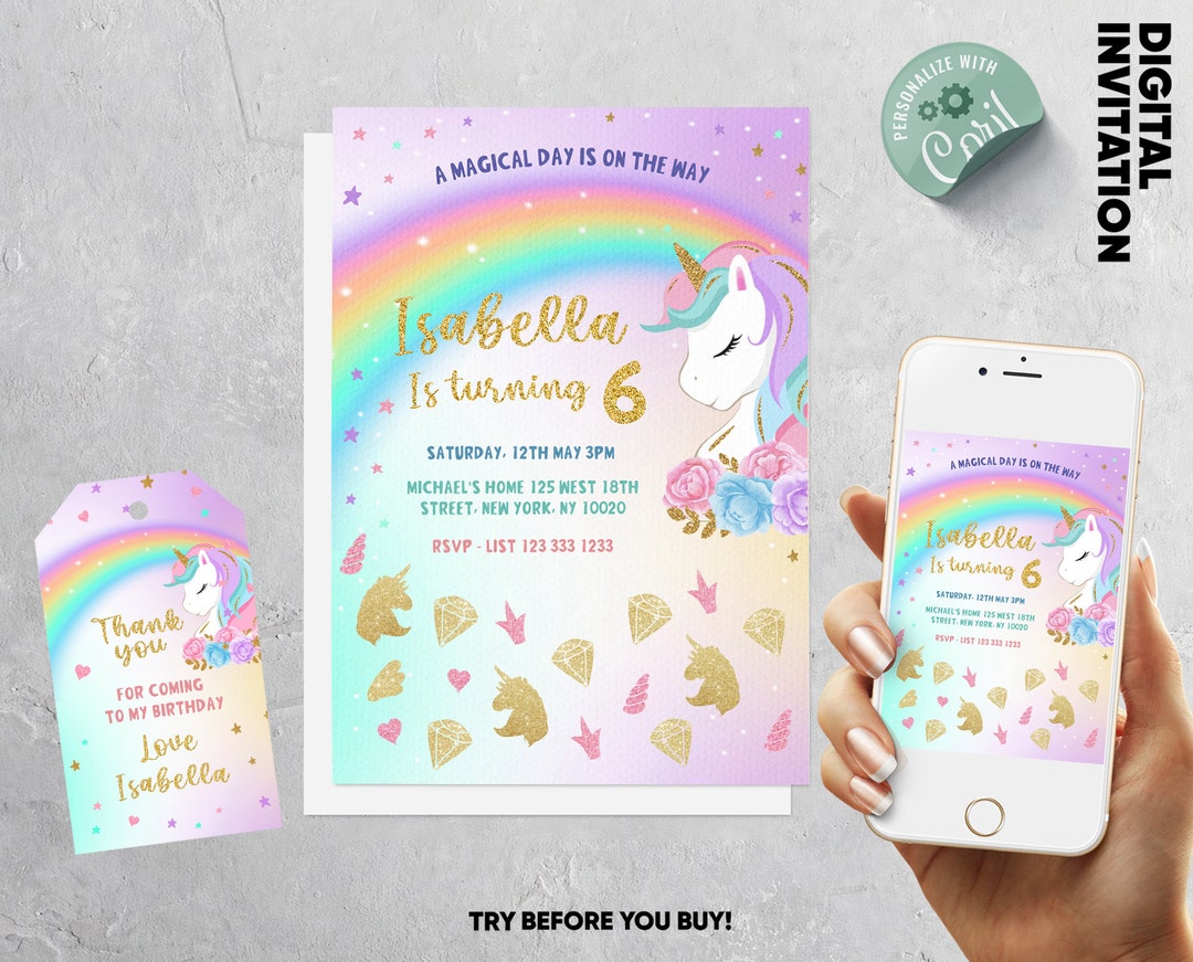 Editable Unicorn Rainbow Birthday Invitation Unicorns Rainbows Digital ...