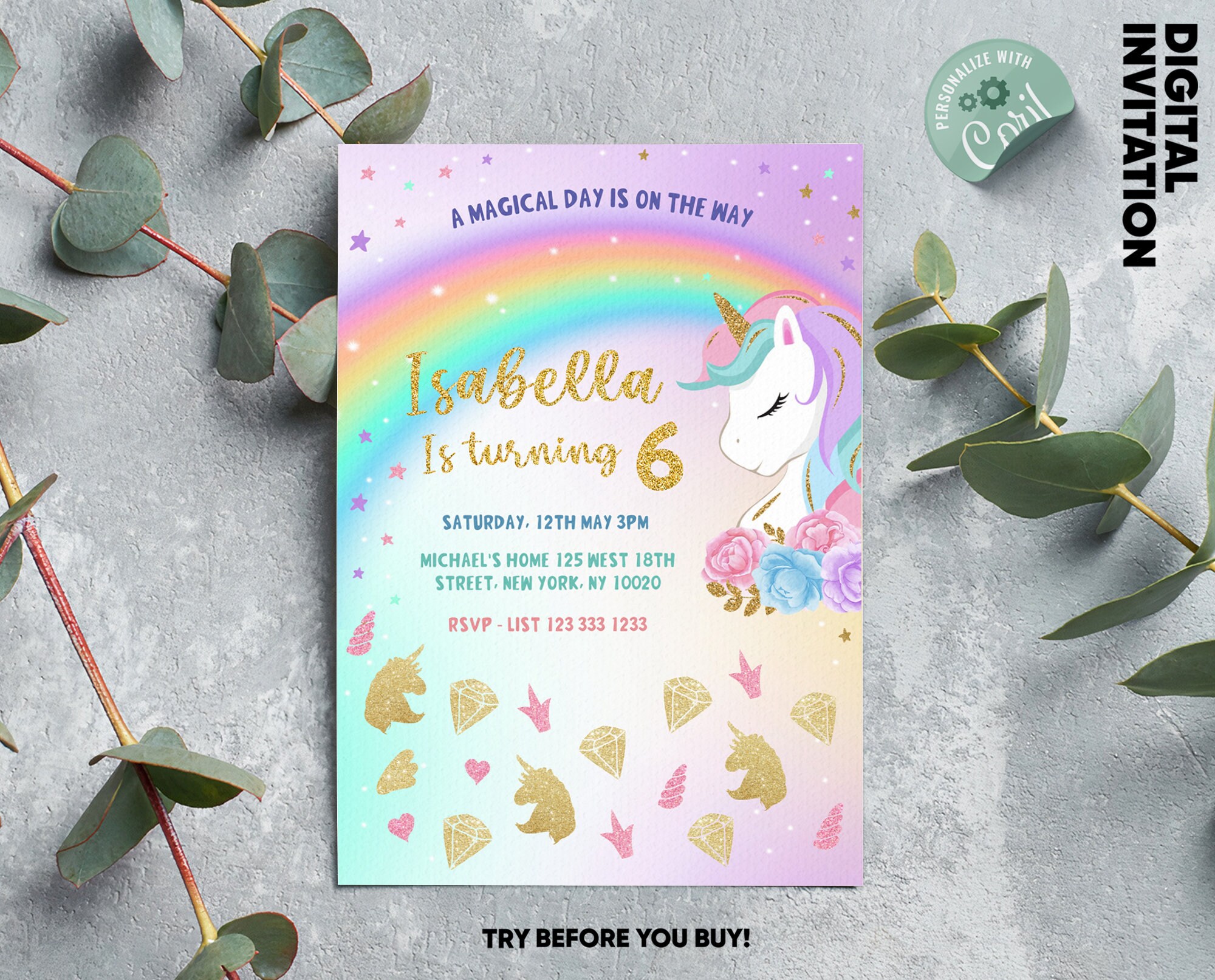 Editable Unicorn Rainbow Birthday Invitation Unicorns Rainbows Digital ...