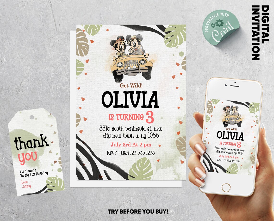 Mickey Mouse Safari Birthday Invitation INSTANT DOWNLOAD - Mickey Mouse ...