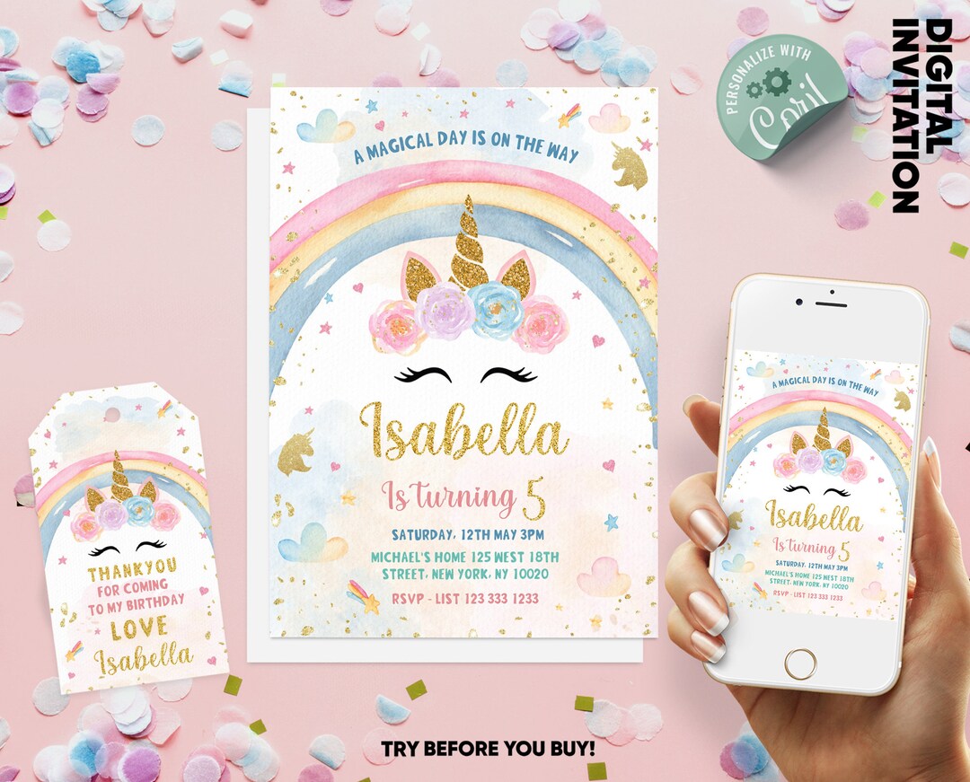 Editable Unicorn Rainbow Birthday Invitation Unicorns Rainbows Digital ...