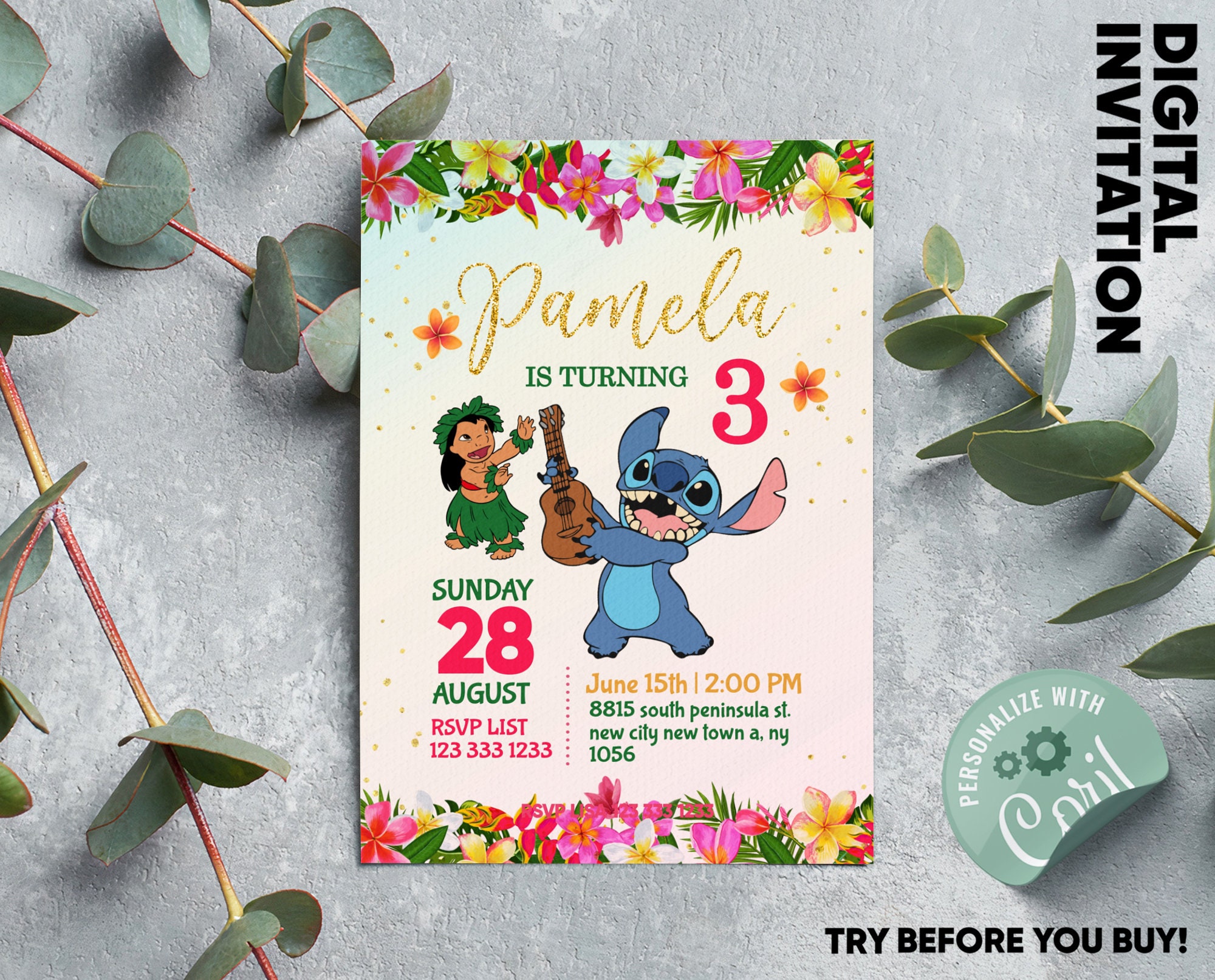 Editable Stitch Birthday Invitation Stitch Thank You Tag Mobile ...