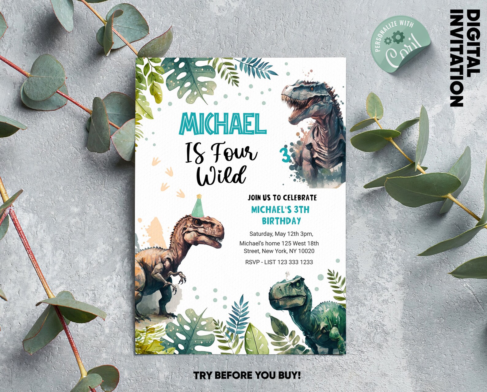 Editable Dinosaur Birthday Invitation Dino Party Editable Template ...