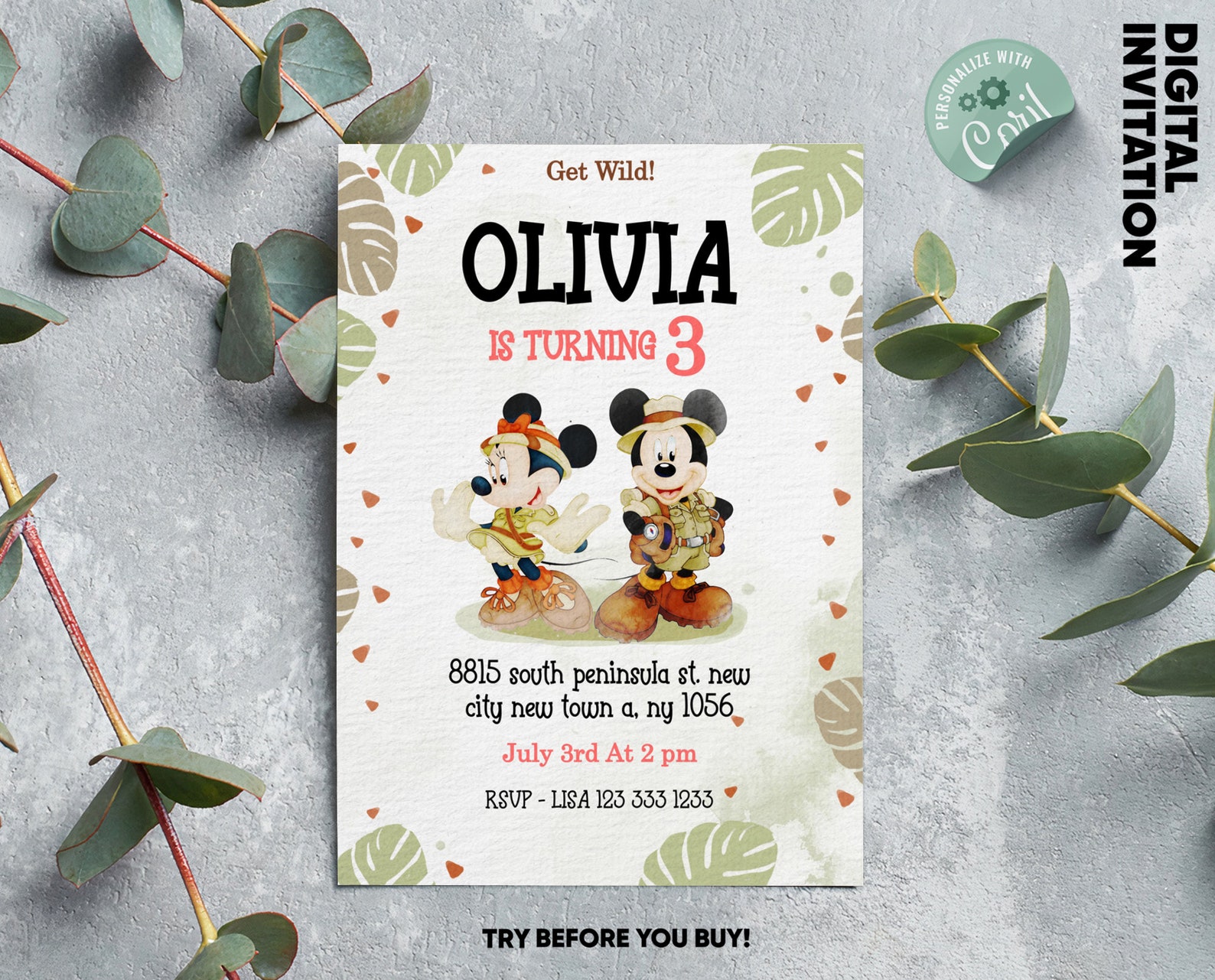 Mickey Mouse Safari Birthday Invitation INSTANT DOWNLOAD - Mickey Mouse ...