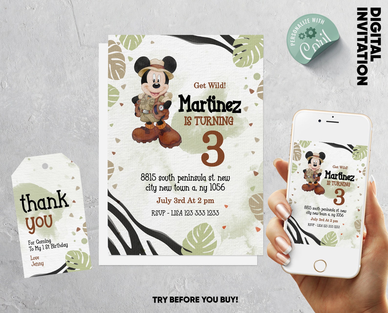 Mickey Mouse Safari Birthday Invitation INSTANT DOWNLOAD - Mickey Mouse ...