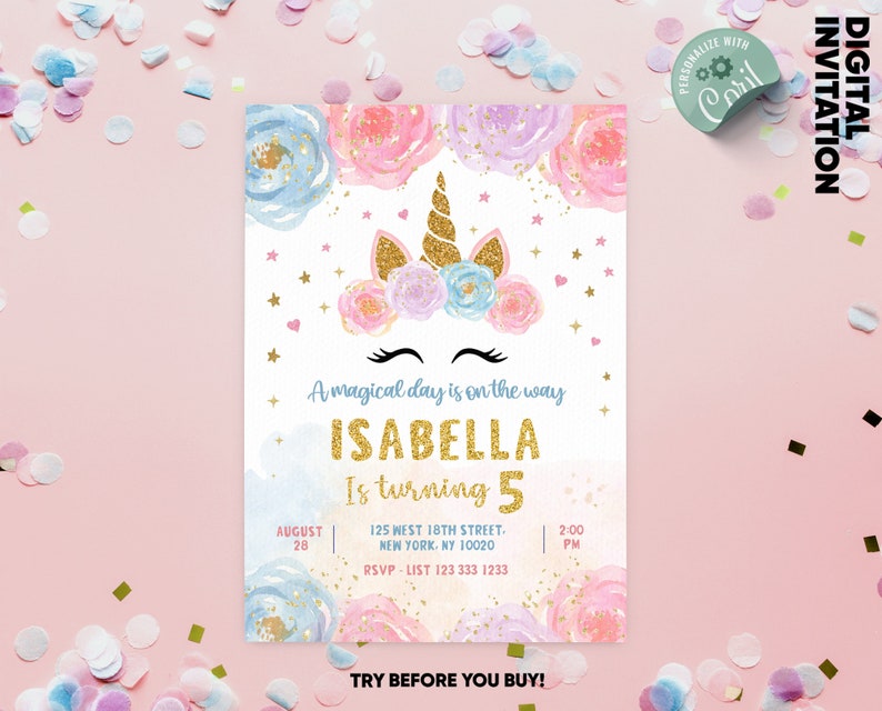 Editable Unicorn Rainbow Birthday Invitation Unicorns Rainbows - Etsy