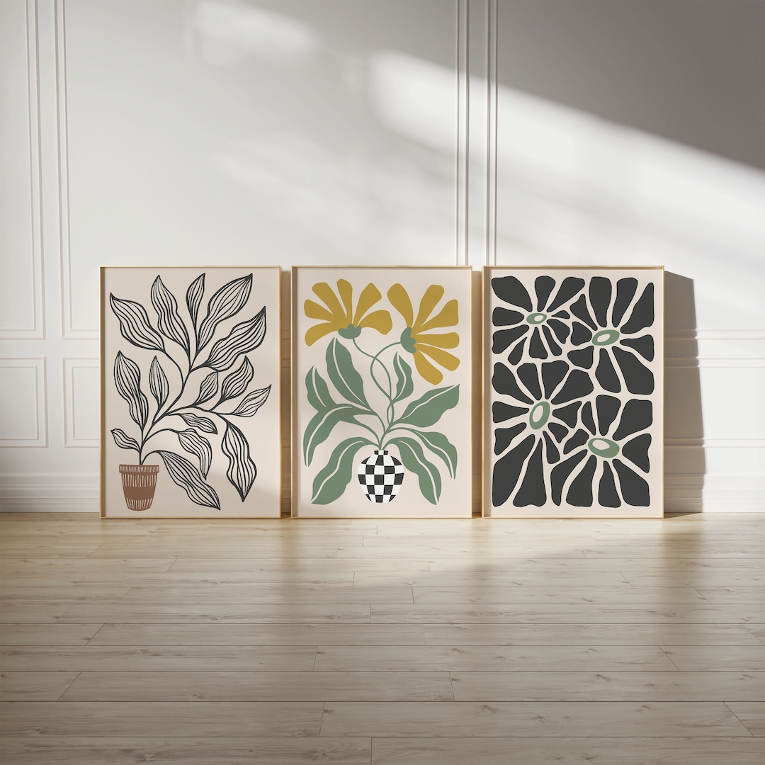 Flower Art Prints, Set of 3, Boho Tryptic Gallery Wall, Modern ...