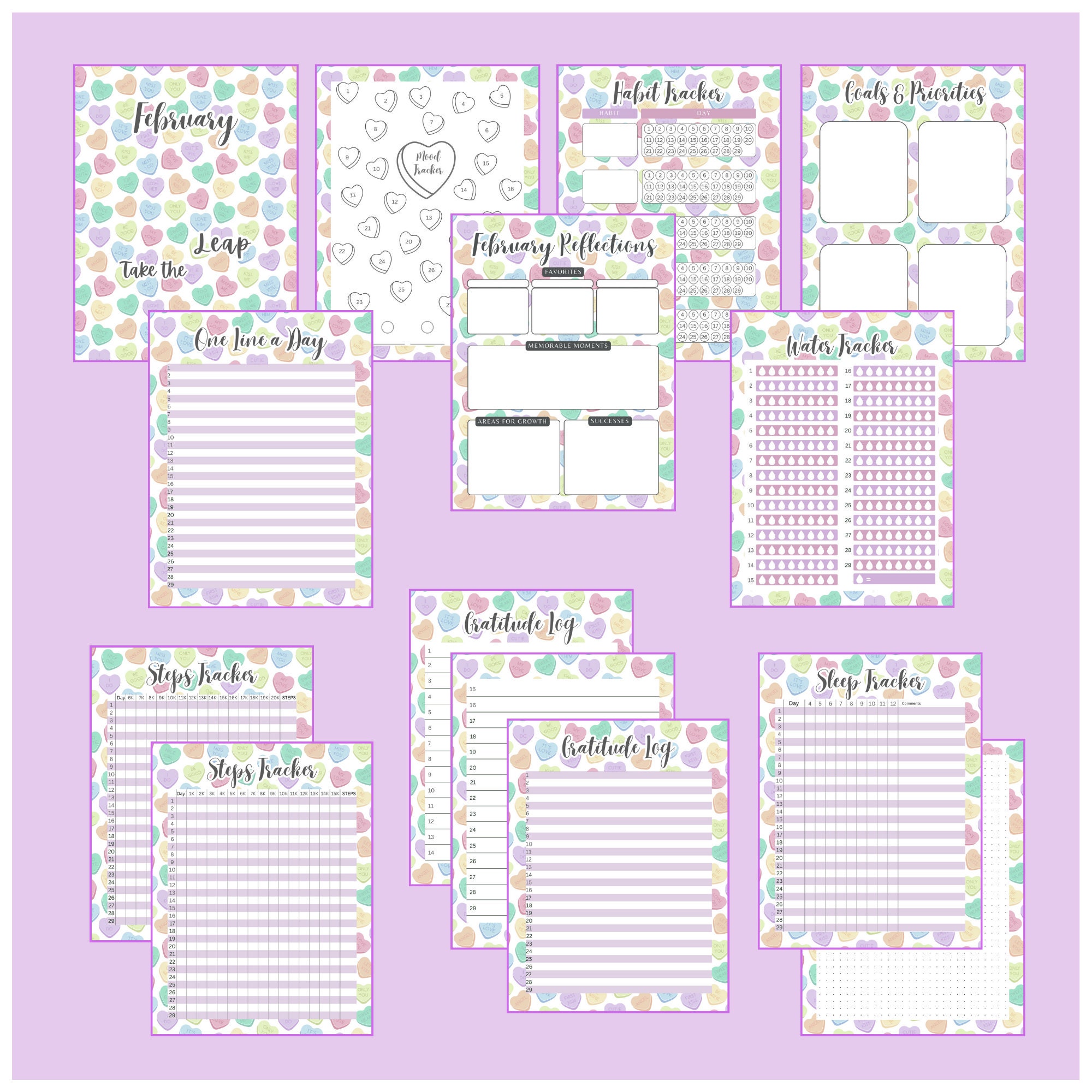 February Planner Printable Monthly Trackers Candy Hearts Themed - Etsy