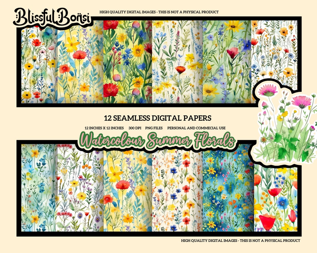 Watercolor Floral Digital Paper Summer Floral Digital Paper Watercolor ...