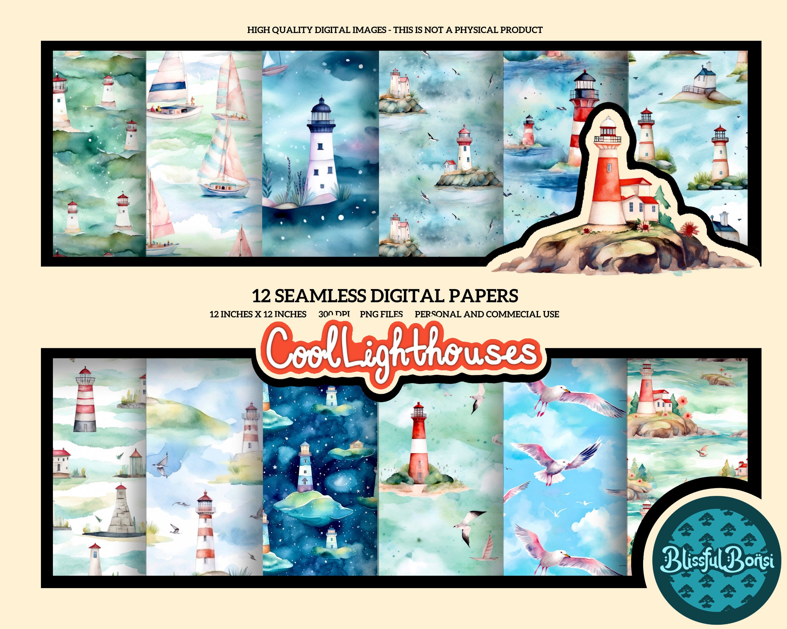 Lighthouse Digital Paper, Watercolor Digital Paper, Lighthouse ...
