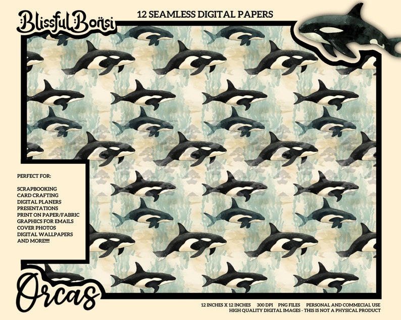 Orcas Digital Paper, Killer Whale Digital Paper, Orca Repeating Pattern ...