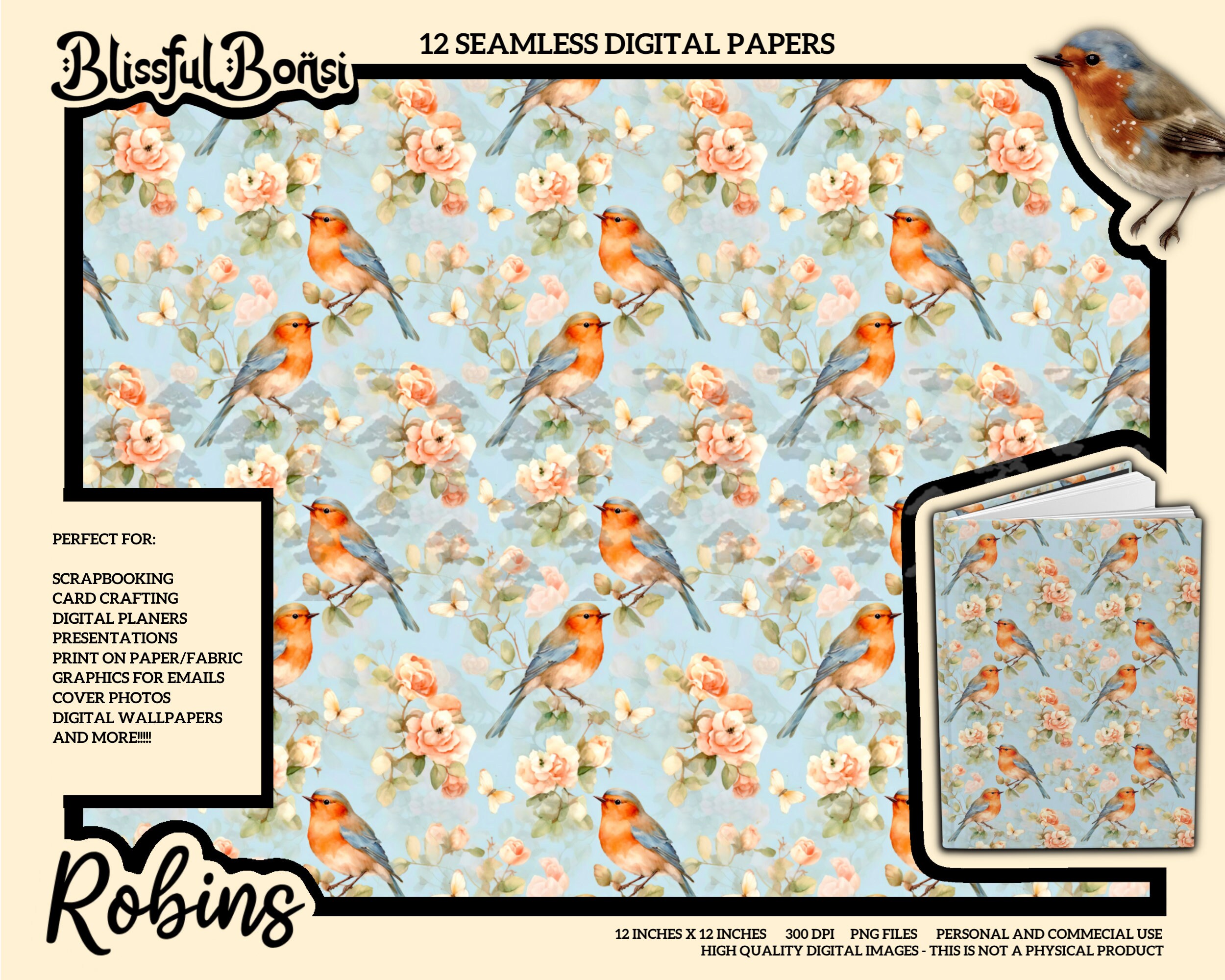 Robins Digital Paper, Robin Digital Paper, Robin Repeating Pattern ...
