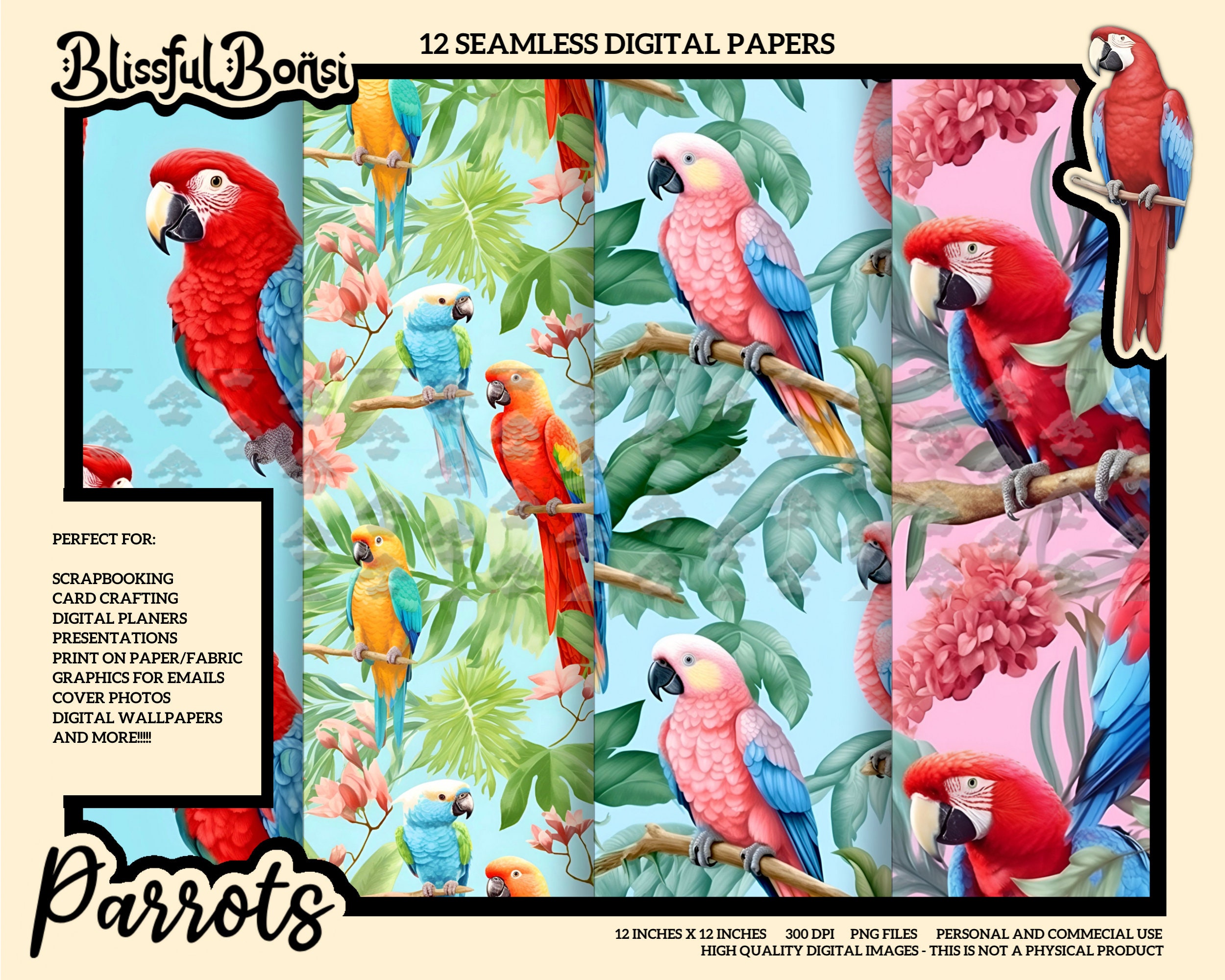 Parrot Digital Paper, Parrots Digital Paper, Parrot Repeating Pattern ...