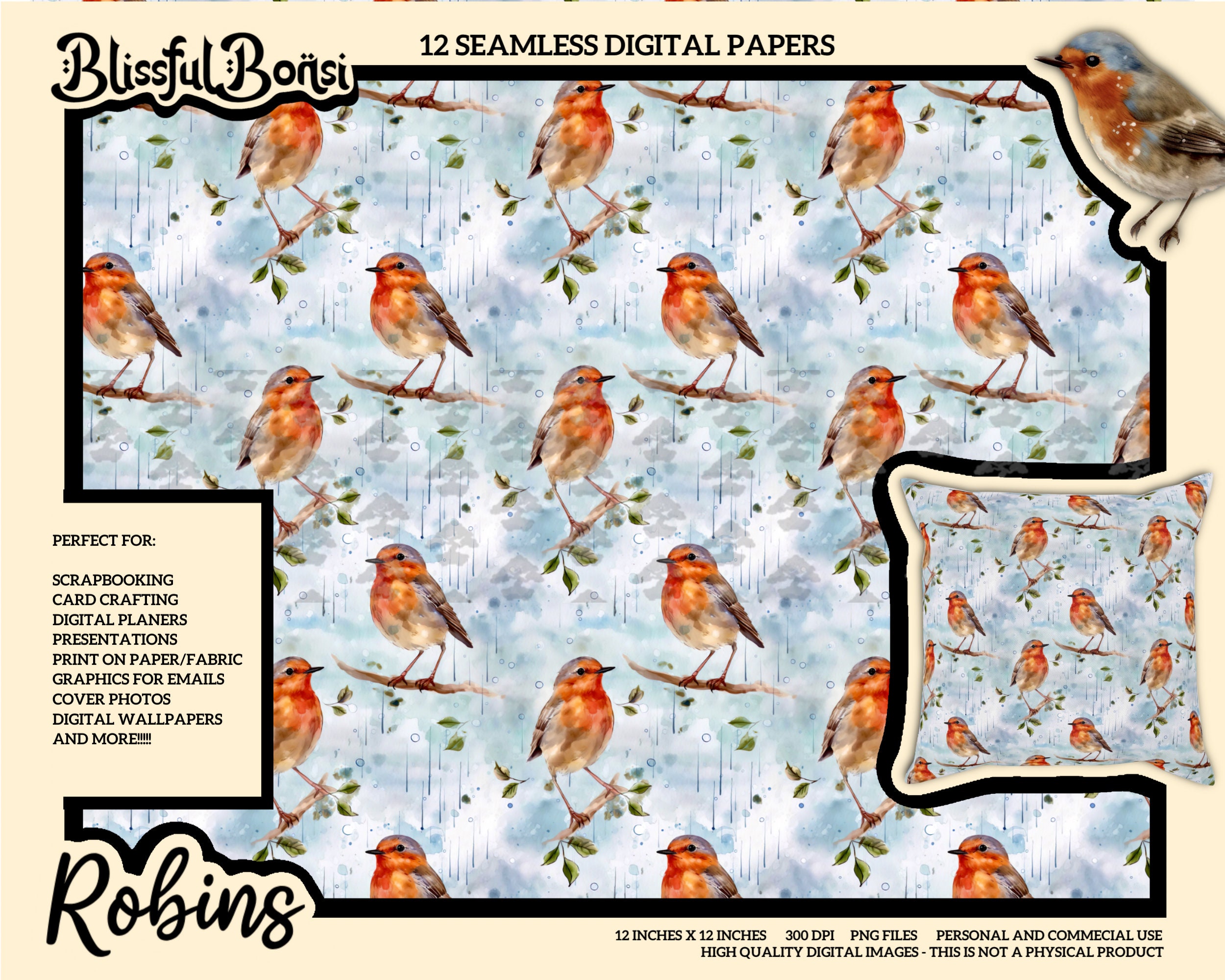 Robins Digital Paper, Robin Digital Paper, Robin Repeating Pattern ...