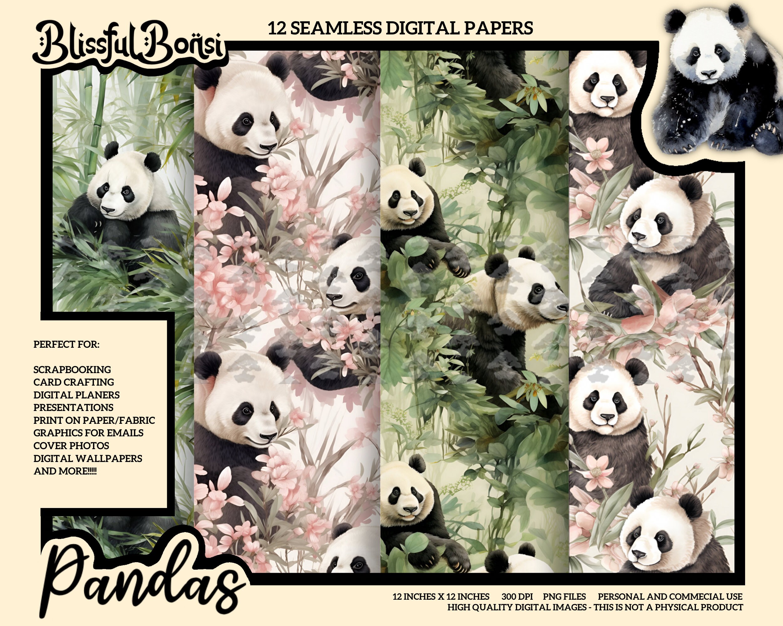 Panda Digital Paper, Pandas Digital Paper, Panda Repeating Pattern ...