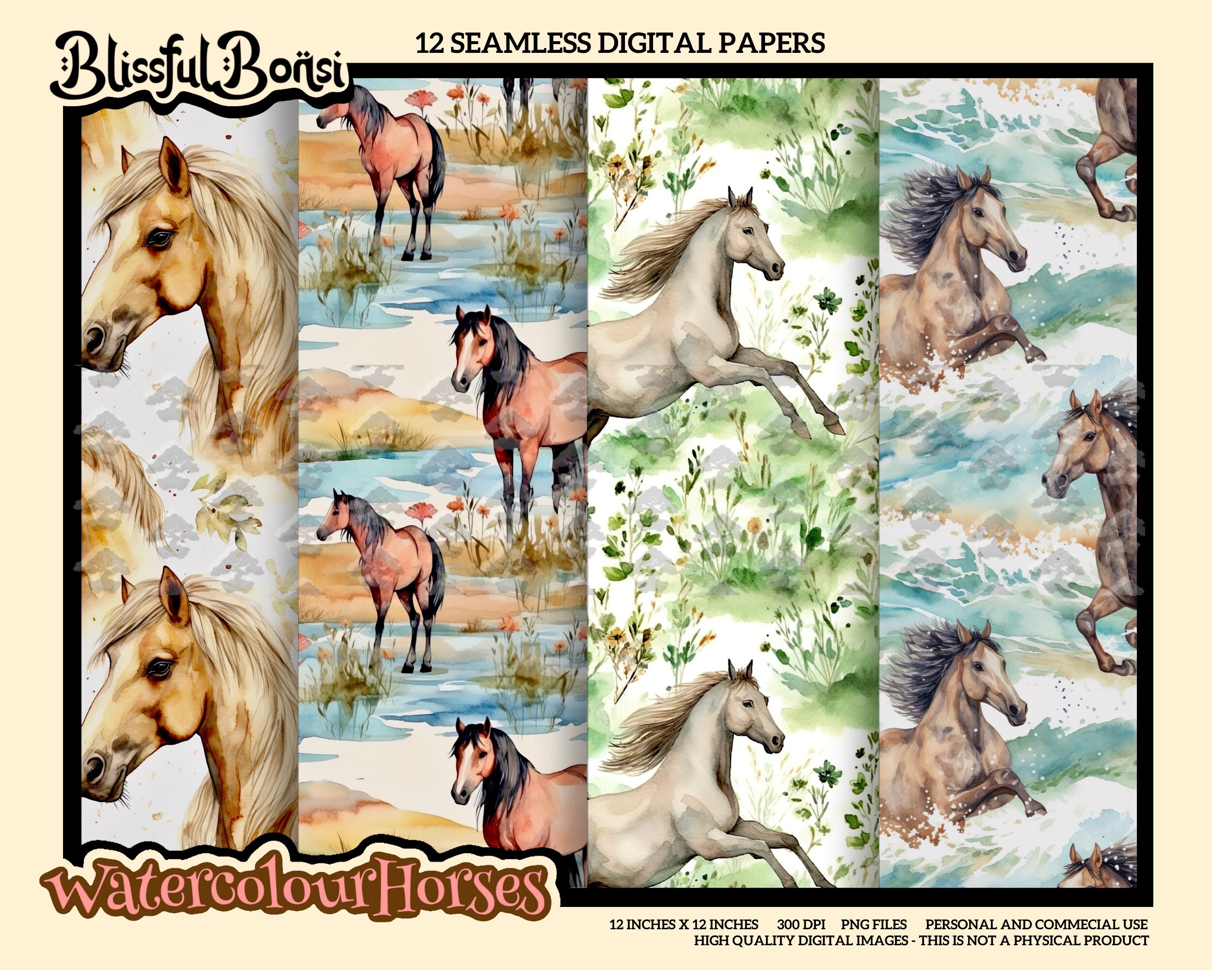 Watercolor Horse Digital Paper Horses Digital Paper Horse Srapbooking ...