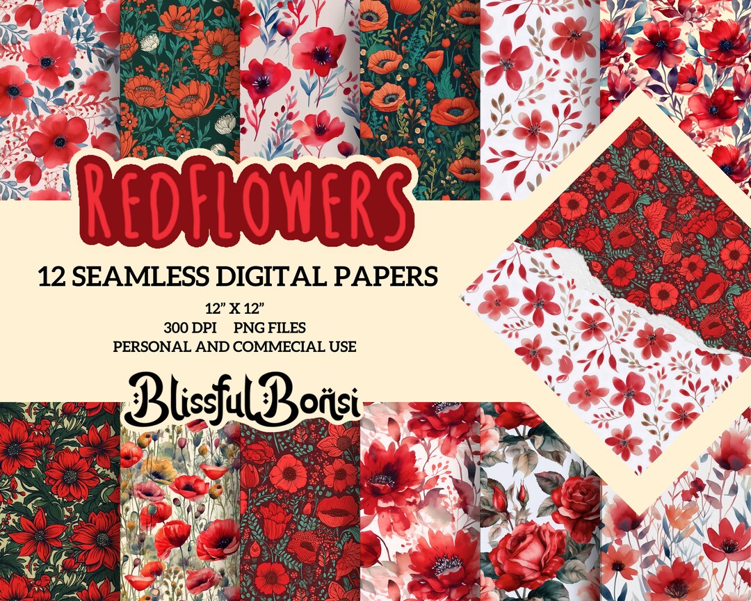 Red Flowers Digital Paper Bundle for Red Floral Digital Paper ...
