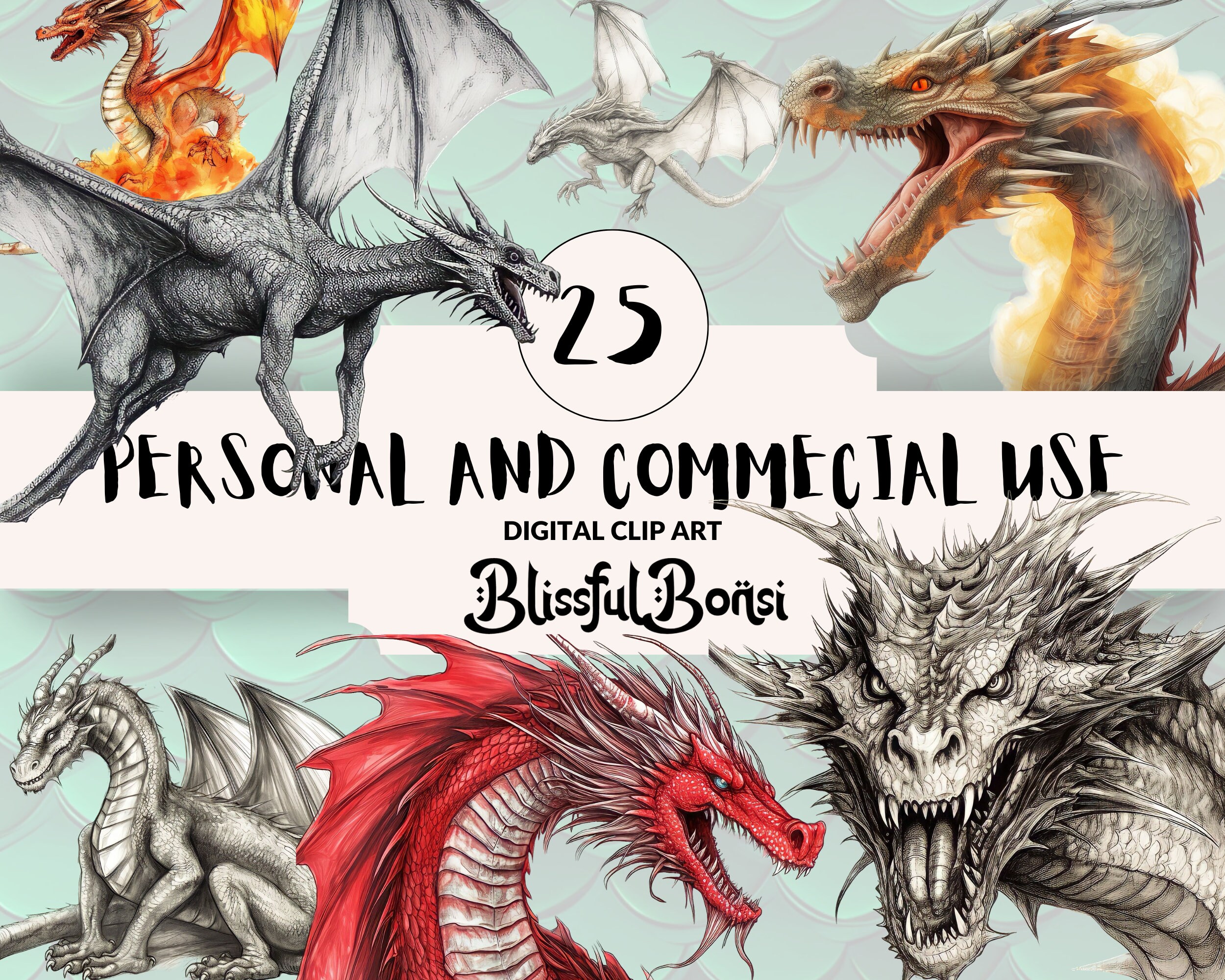 25 Unique Dragons Clip Art Dragon Clip Art of Dragons Digital Clip Art ...