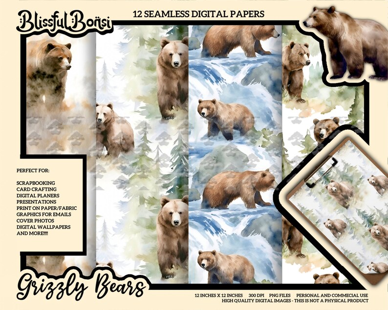 Bear Digital Paper, Bears Digital Paper, Bear Repeating Pattern, Bear ...
