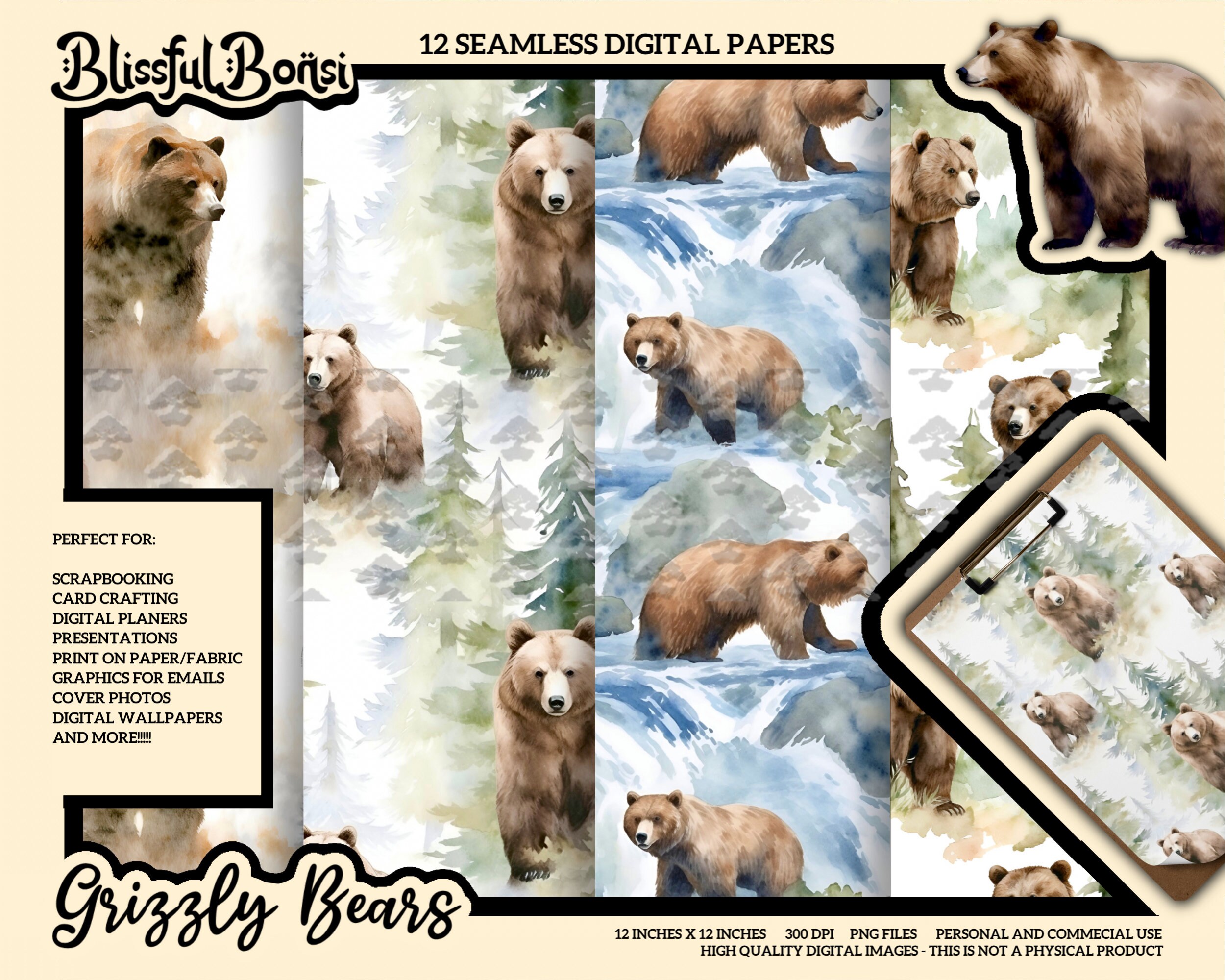 Bear Digital Paper, Bears Digital Paper, Bear Repeating Pattern, Bear ...