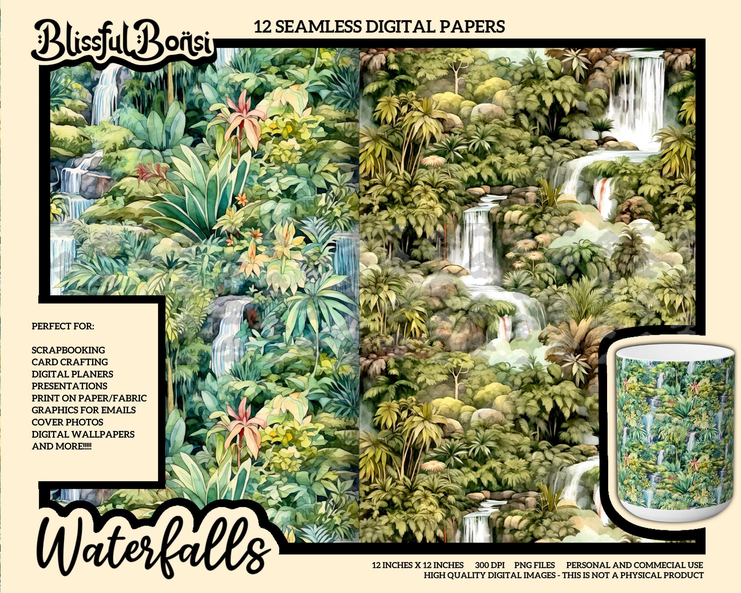 Waterfall Digital Paper, Waterfall Pattern, Waterfall Repeating Pattern ...