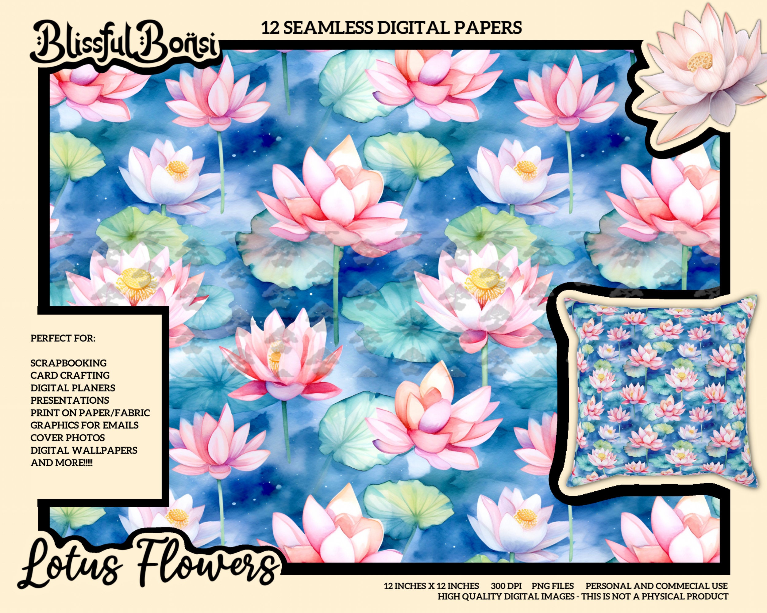 Lotus Flower Digital Paper, Lotus Flower Paper, Lotus Repeating Pattern ...