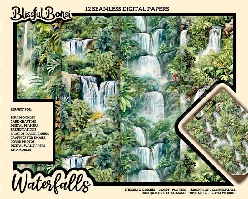 Waterfall Digital Paper, Waterfall Pattern, Waterfall Repeating Pattern ...