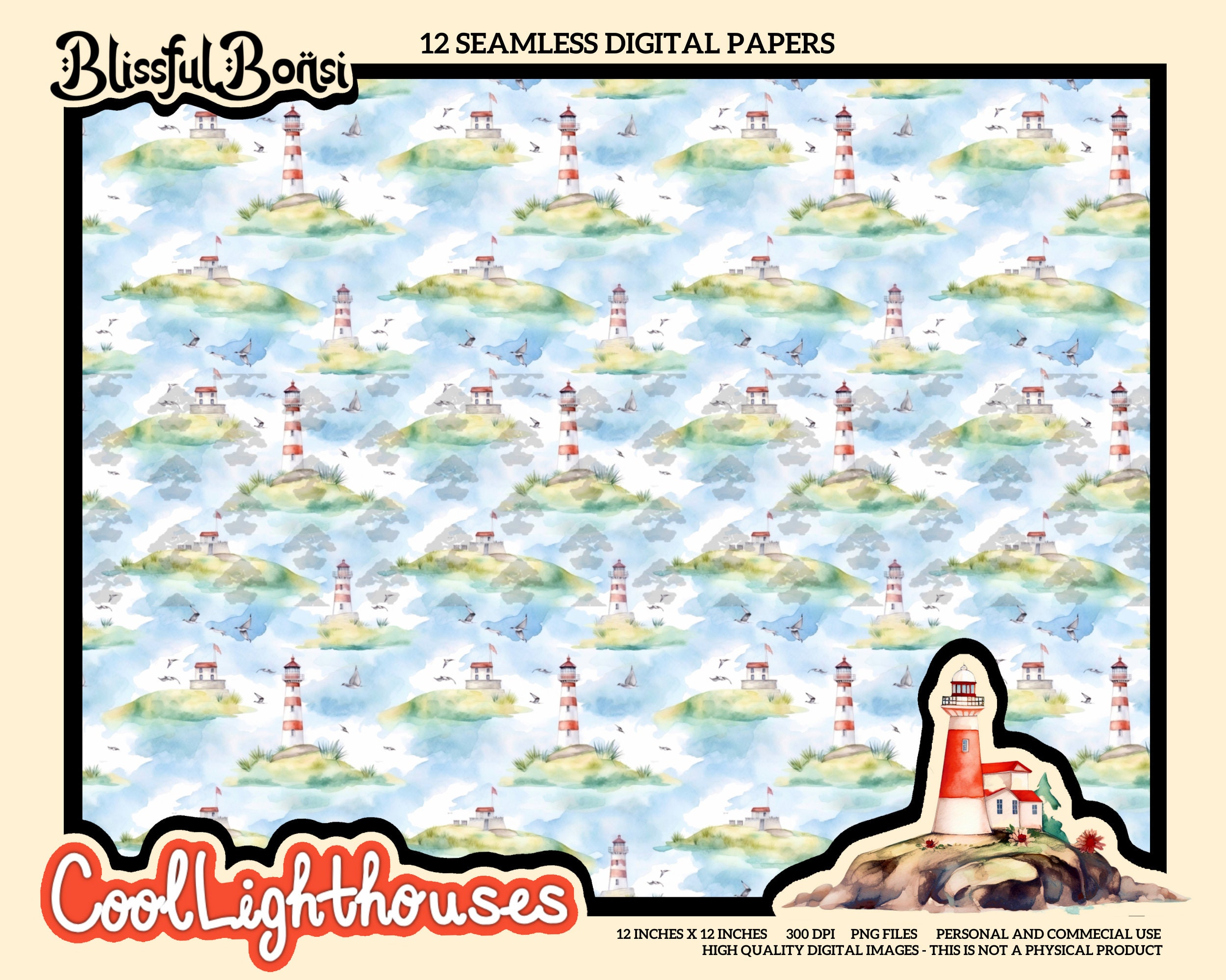 Lighthouse Digital Paper, Watercolor Digital Paper, Lighthouse ...