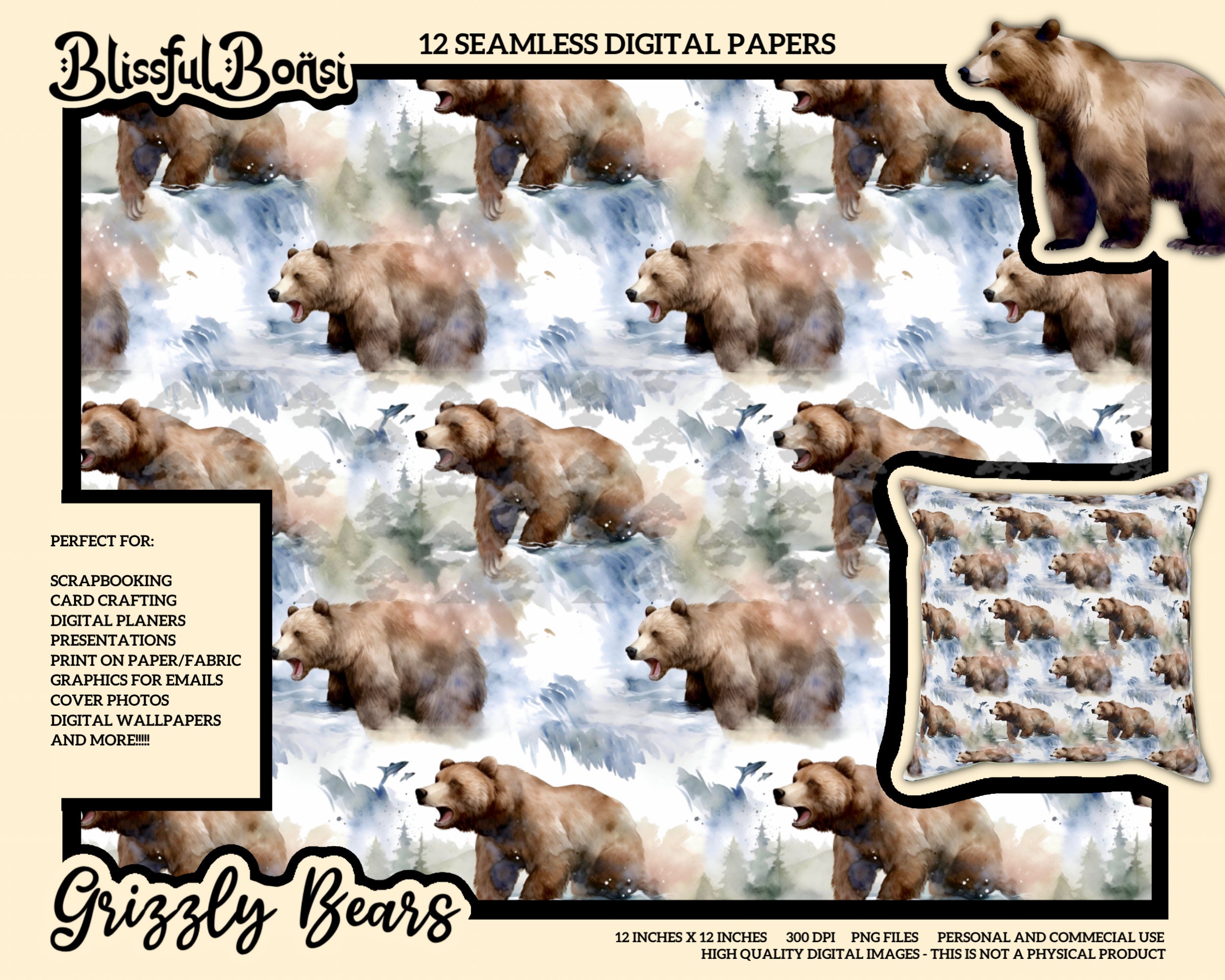 Bear Digital Paper, Bears Digital Paper, Bear Repeating Pattern, Bear ...