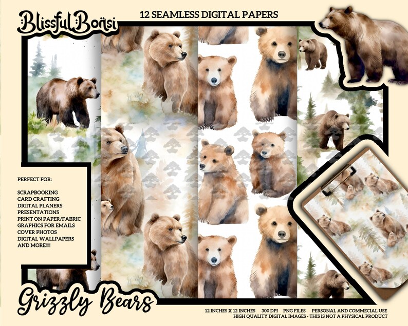 Bear Digital Paper, Bears Digital Paper, Bear Repeating Pattern, Bear ...