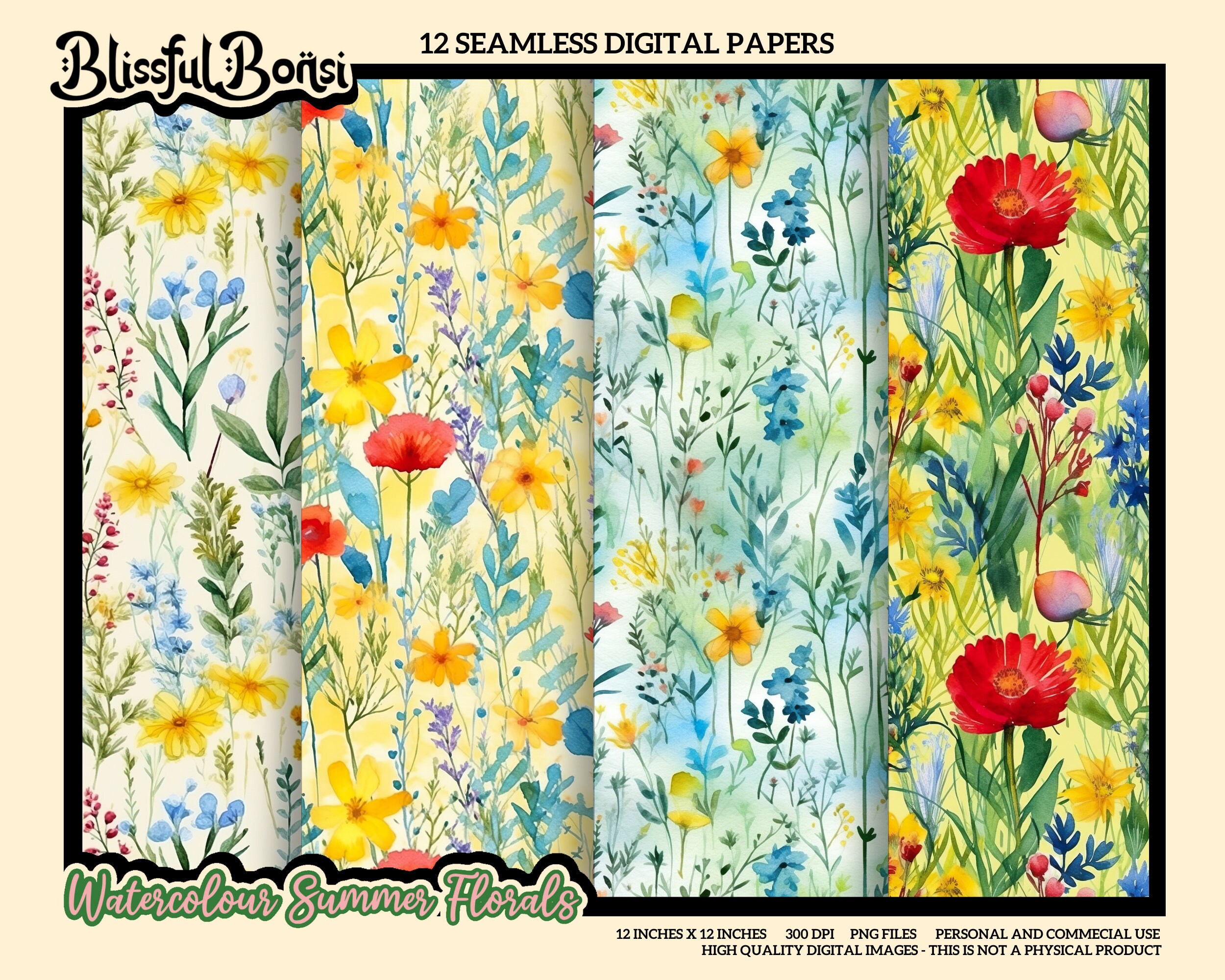 Watercolor Floral Digital Paper Summer Floral Digital Paper Watercolor ...