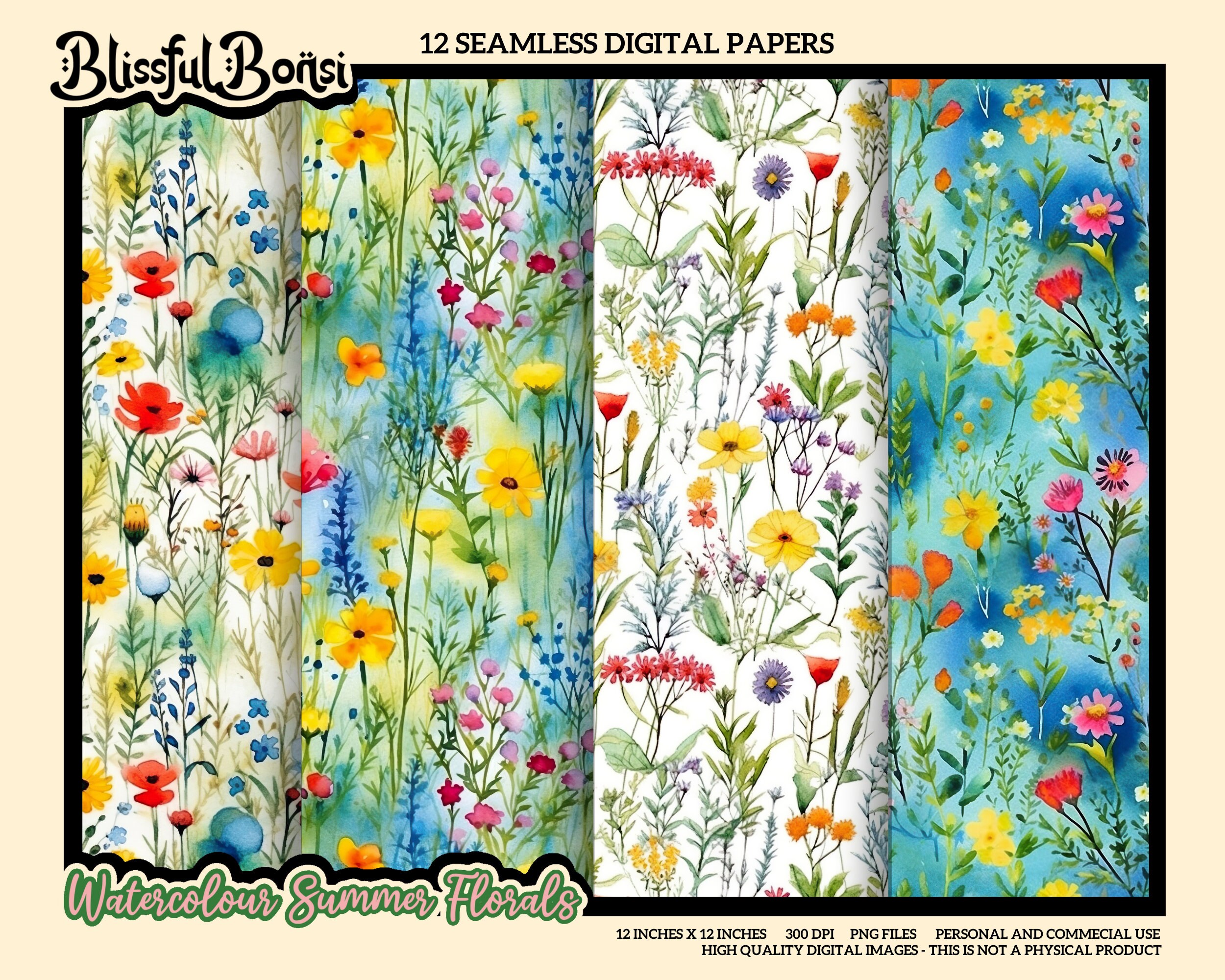 Watercolor Floral Digital Paper Summer Floral Digital Paper Watercolor ...