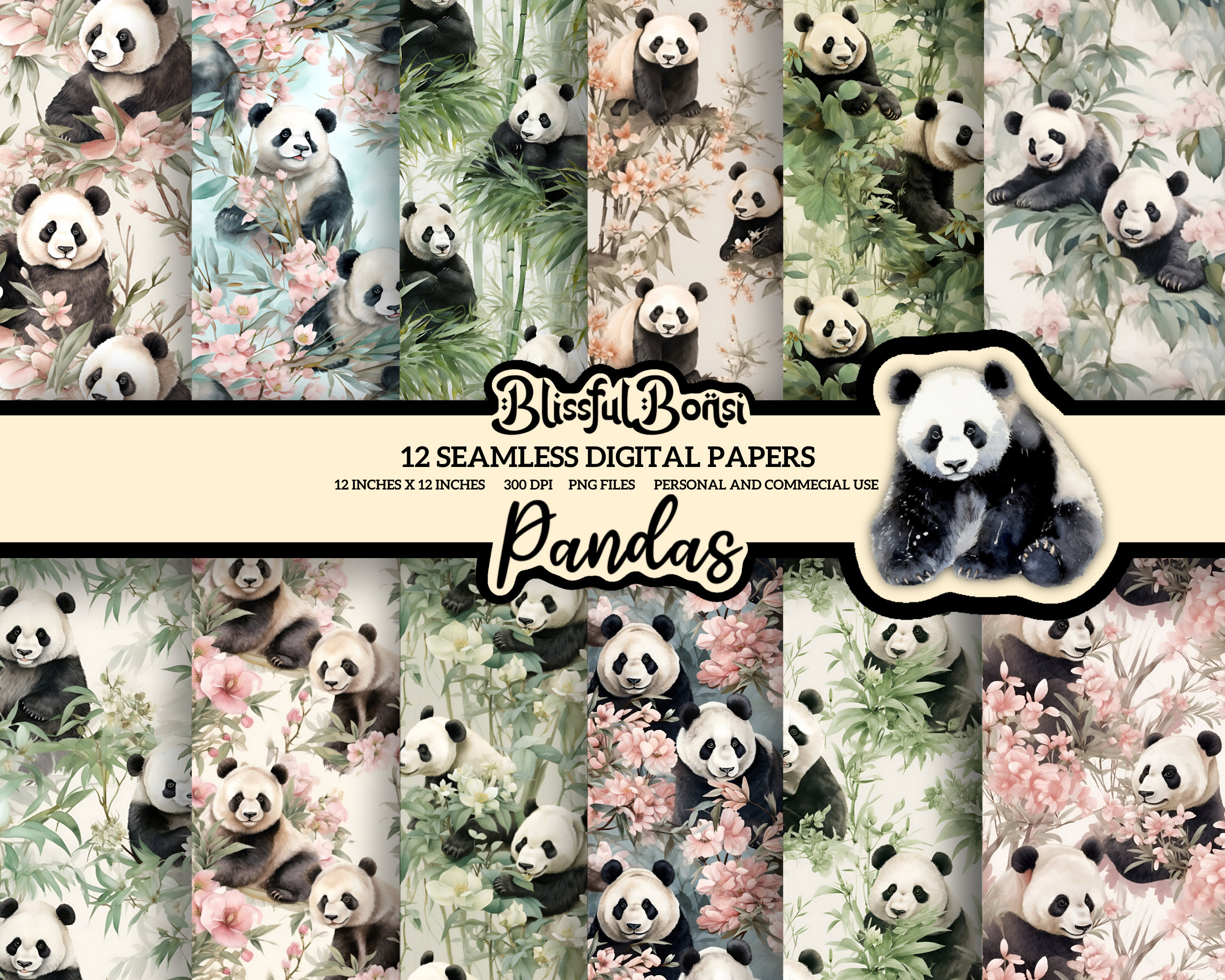 Panda Digital Paper, Pandas Digital Paper, Panda Repeating Pattern ...