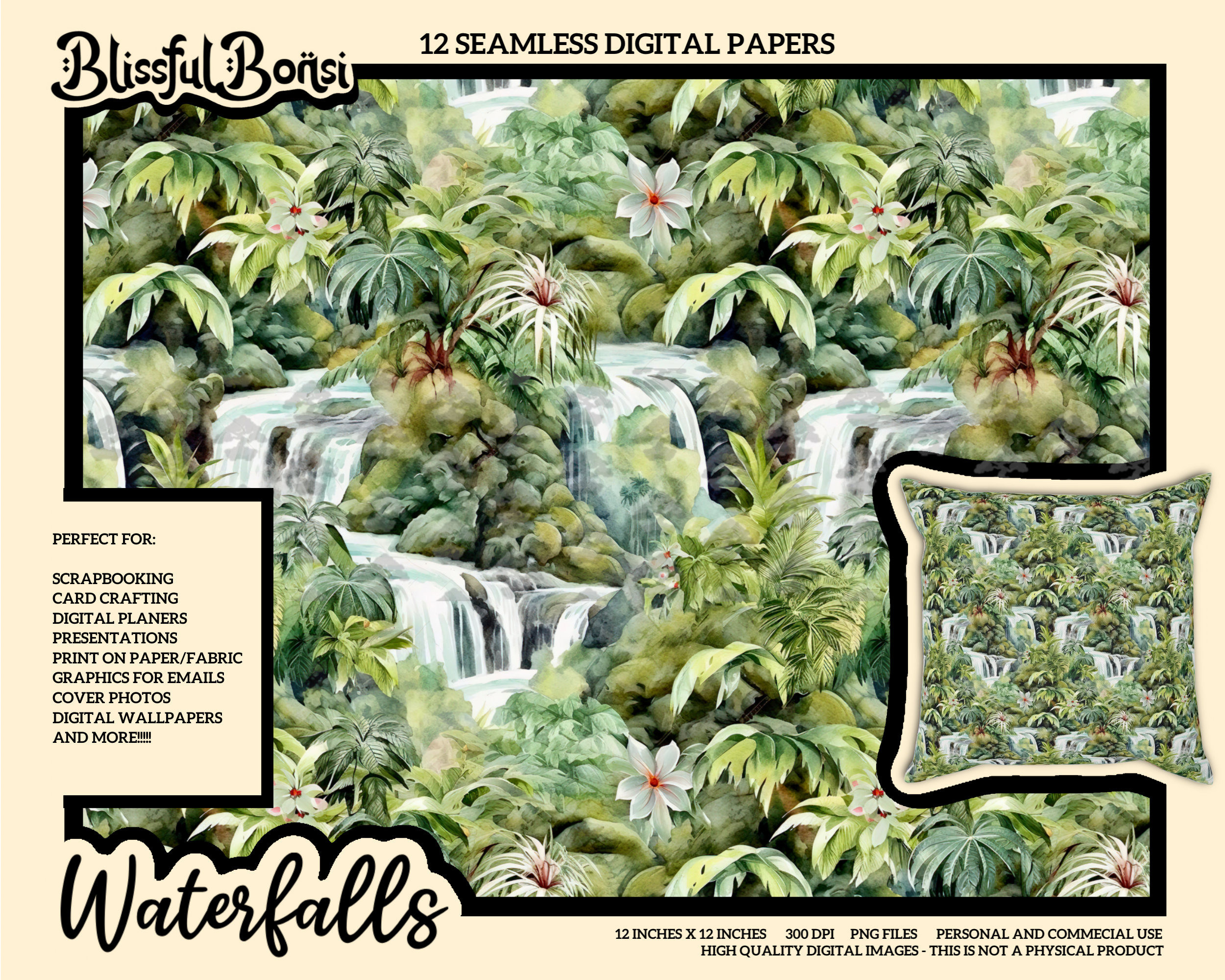 Waterfall Digital Paper, Waterfall Pattern, Waterfall Repeating Pattern ...