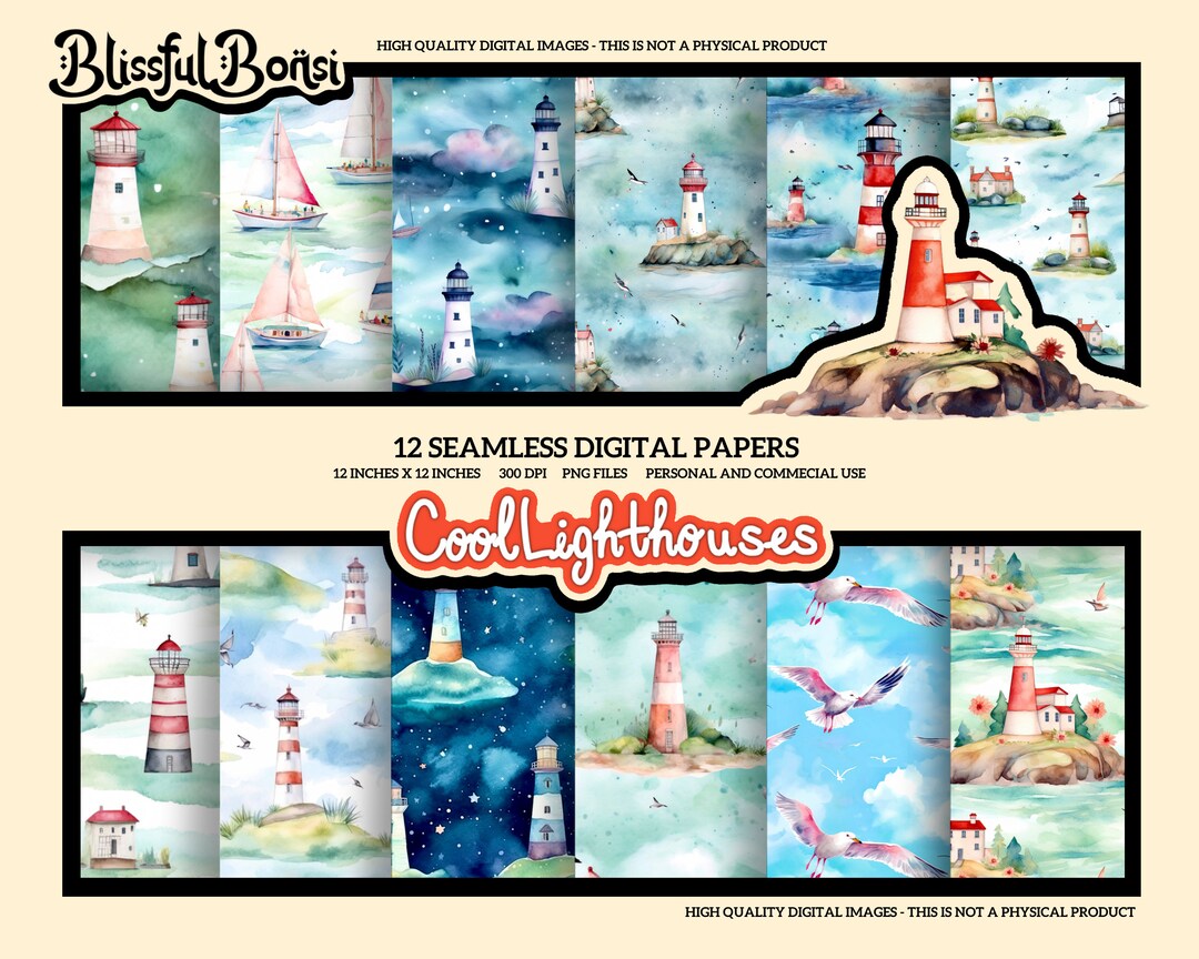 Lighthouse Digital Paper, Watercolor Digital Paper, Lighthouse ...