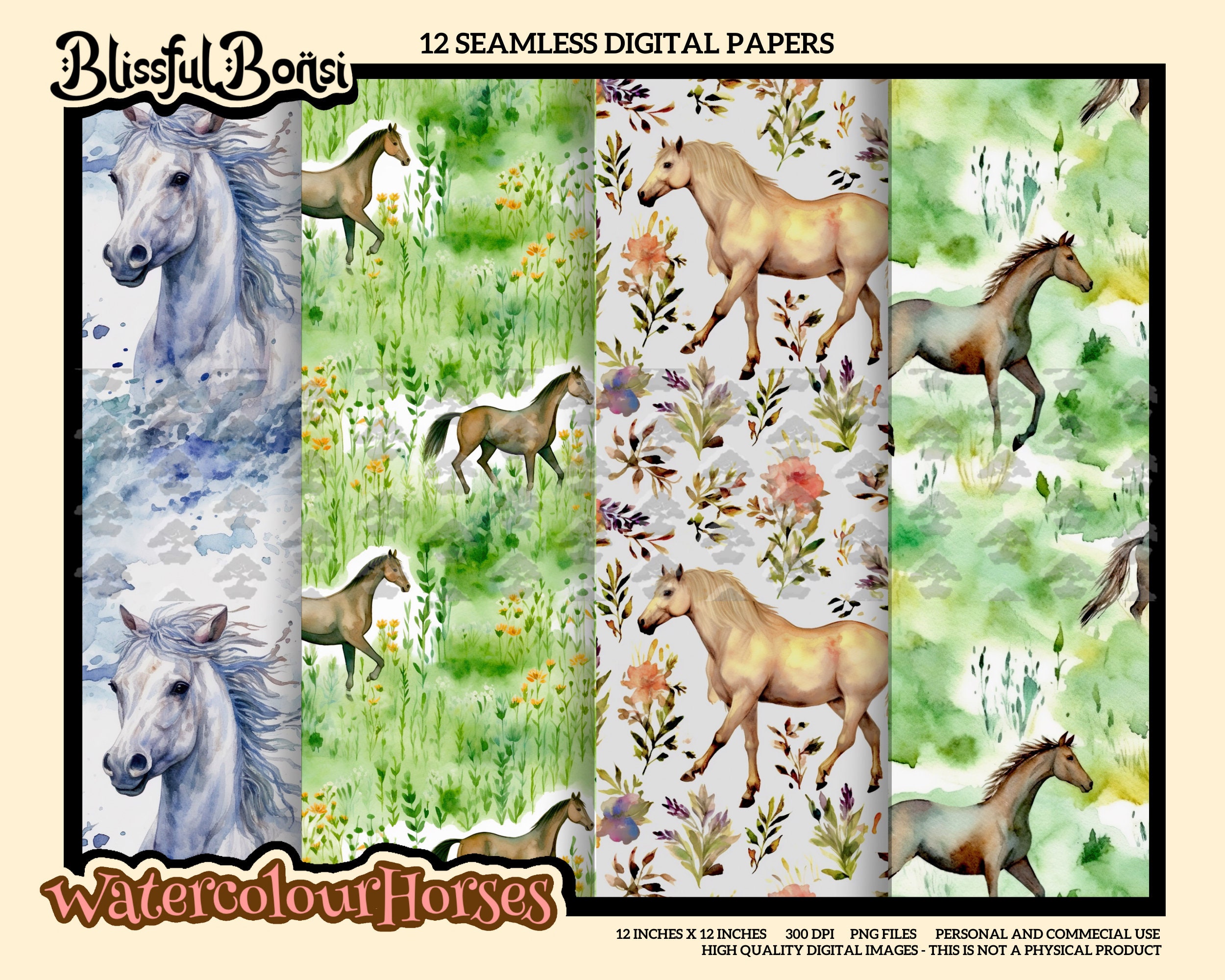 Watercolor Horse Digital Paper Horses Digital Paper Horse Srapbooking ...