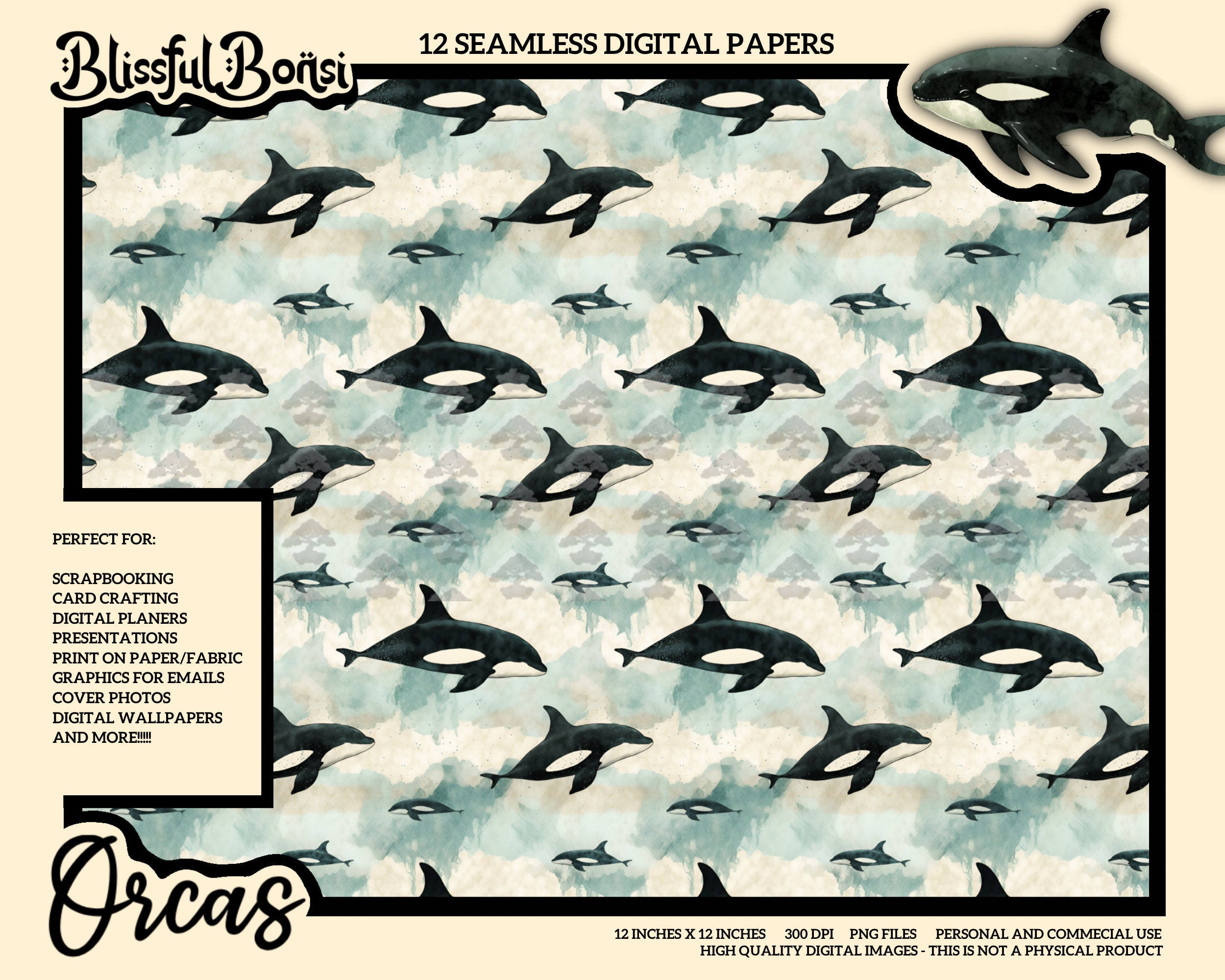 Orcas Digital Paper, Killer Whale Digital Paper, Orca Repeating Pattern ...