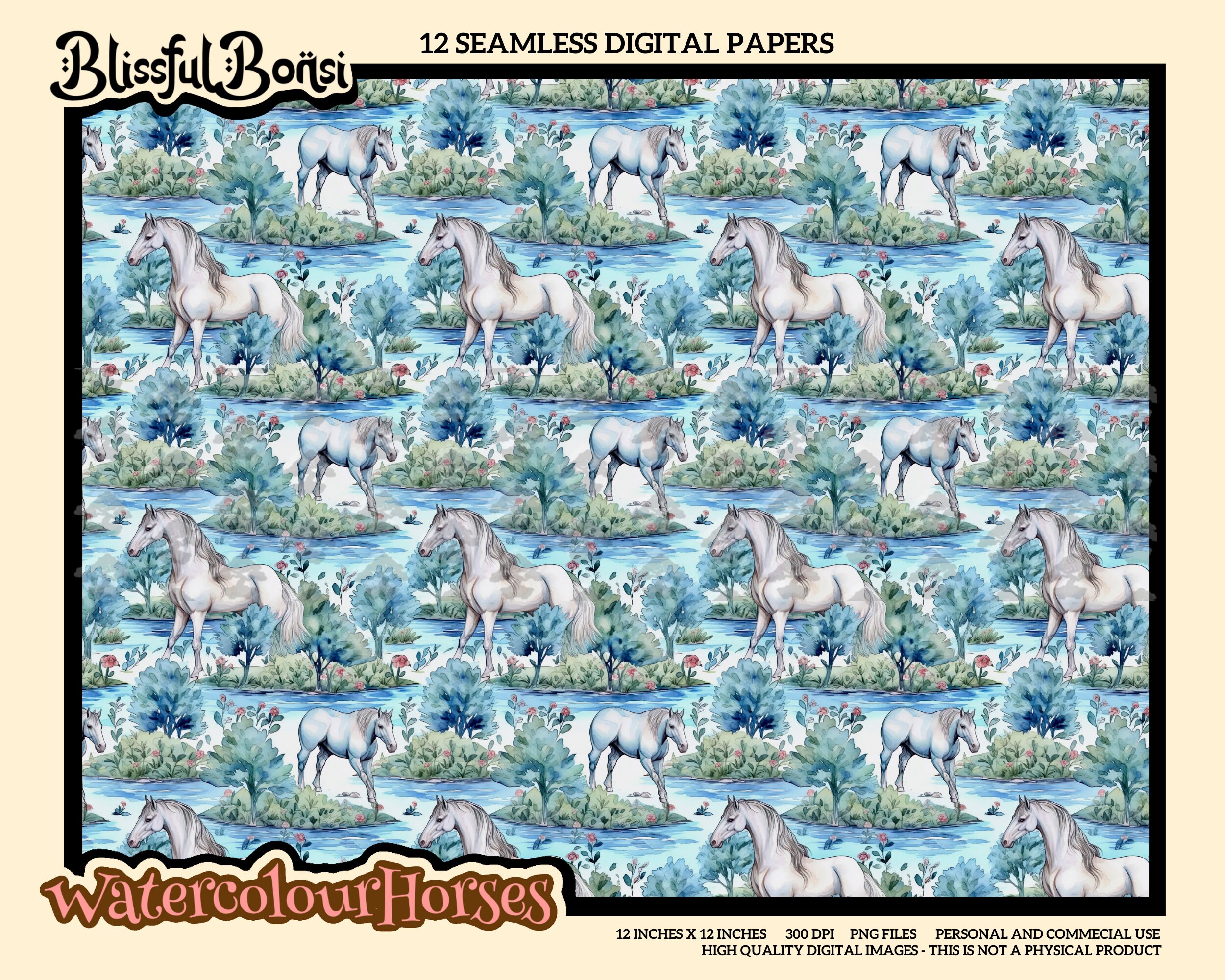 Watercolor Horse Digital Paper Horses Digital Paper Horse Srapbooking ...
