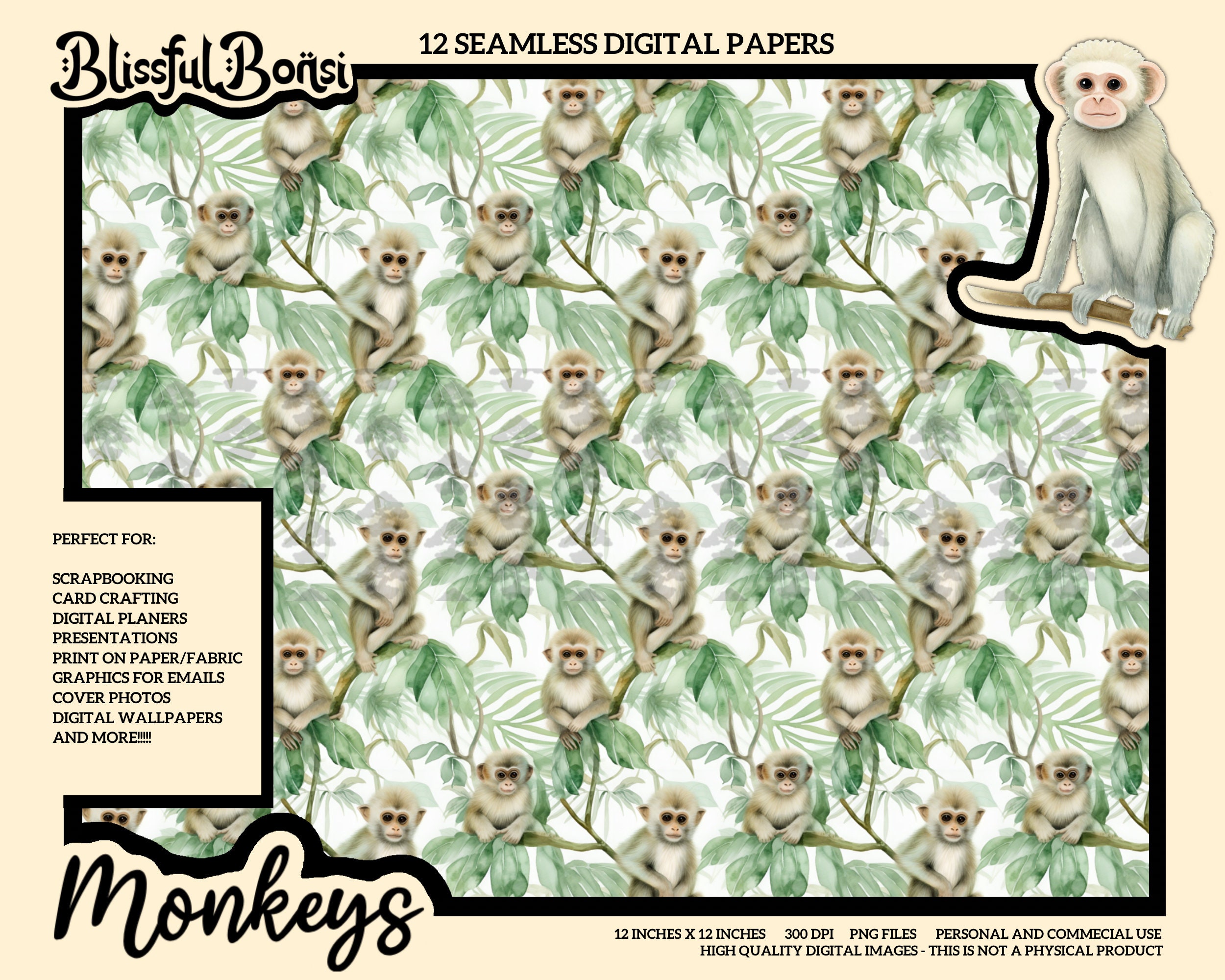 Monkey Digital Paper, Monkeys Digital Paper, Monkey Repeating Pattern ...