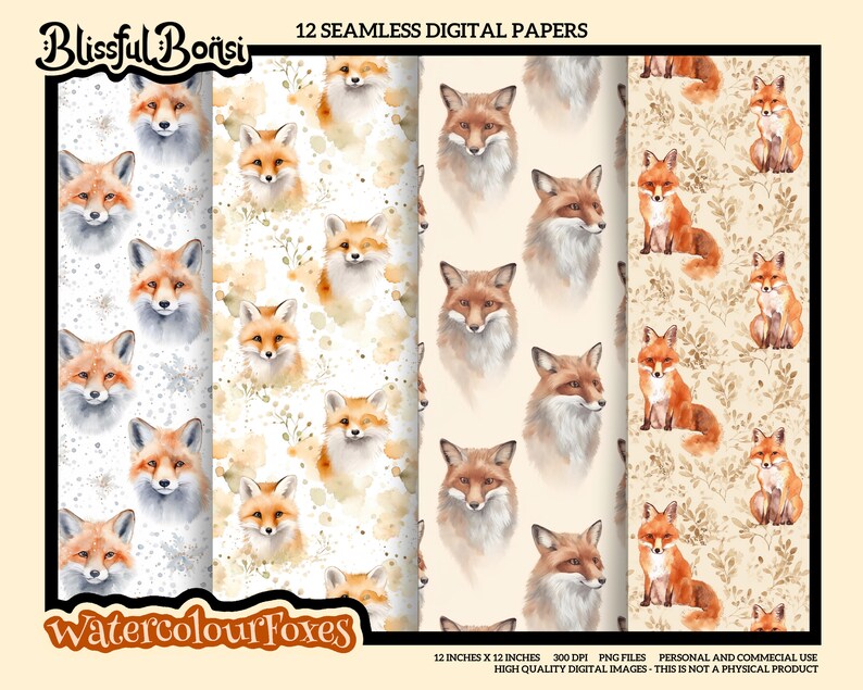 Watercolor Foxes Digital Paper Fox Digital Paper Fox Scrapbooking Paper ...