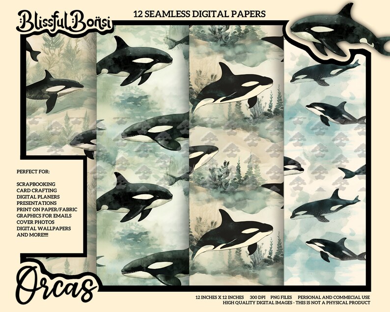 Orcas Digital Paper, Killer Whale Digital Paper, Orca Repeating Pattern ...