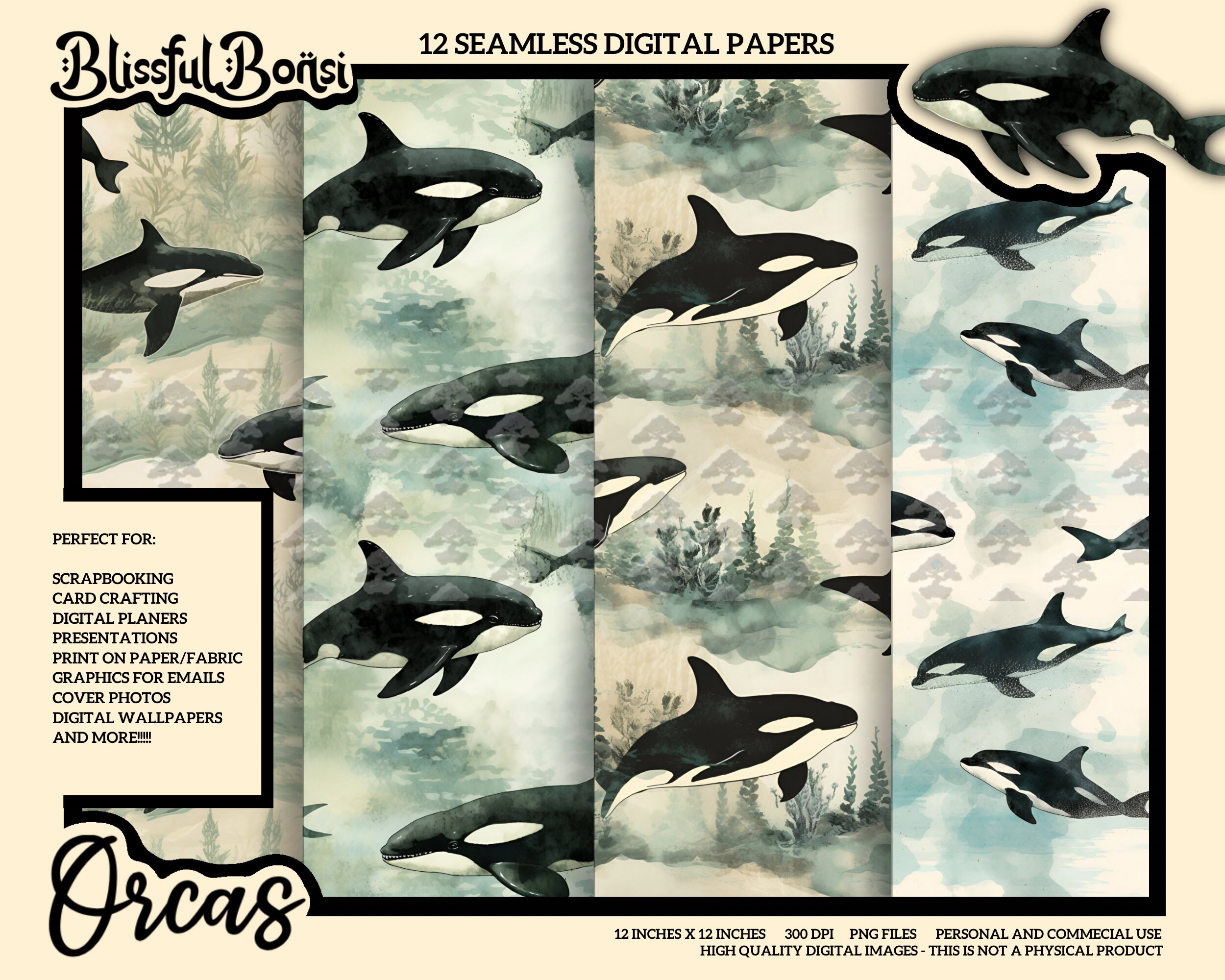 Orcas Digital Paper, Killer Whale Digital Paper, Orca Repeating Pattern ...