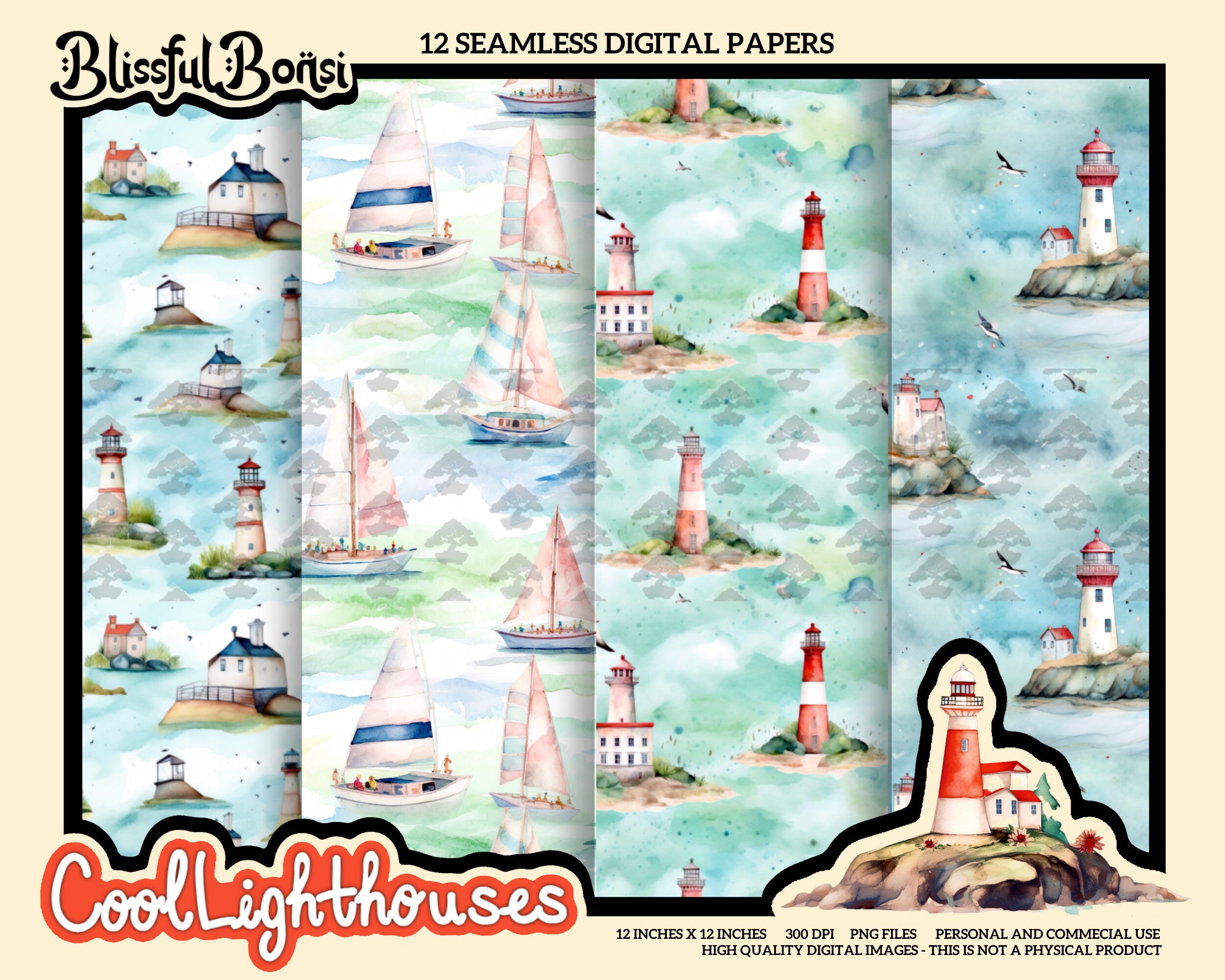 Lighthouse Digital Paper, Watercolor Digital Paper, Lighthouse ...