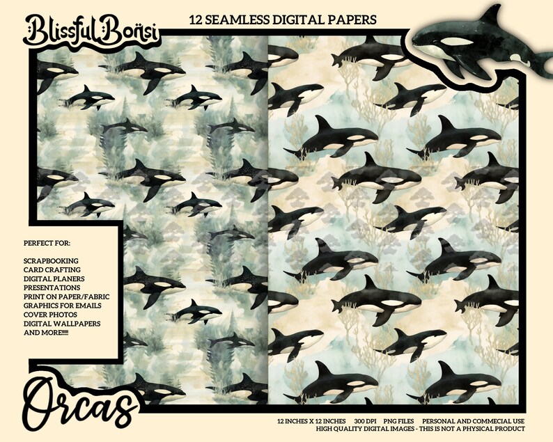 Orcas Digital Paper, Killer Whale Digital Paper, Orca Repeating Pattern ...