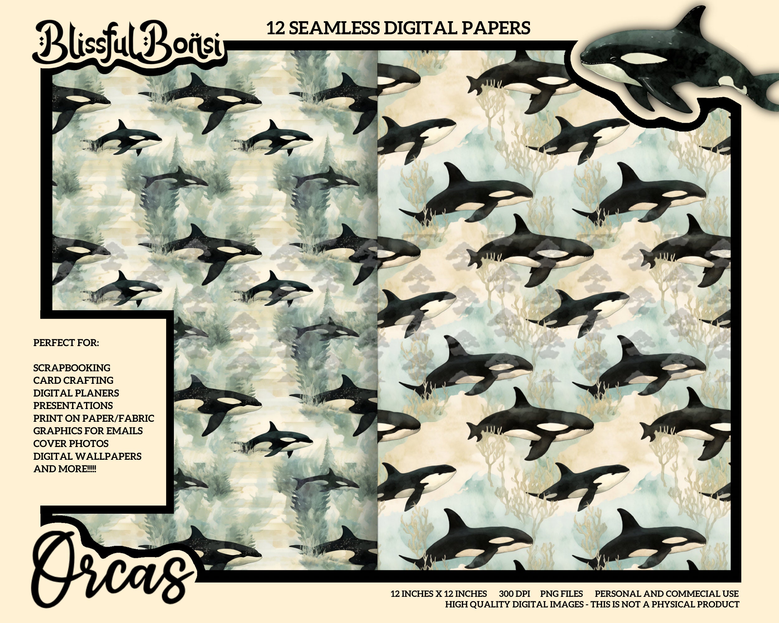 Orcas Digital Paper, Killer Whale Digital Paper, Orca Repeating Pattern ...