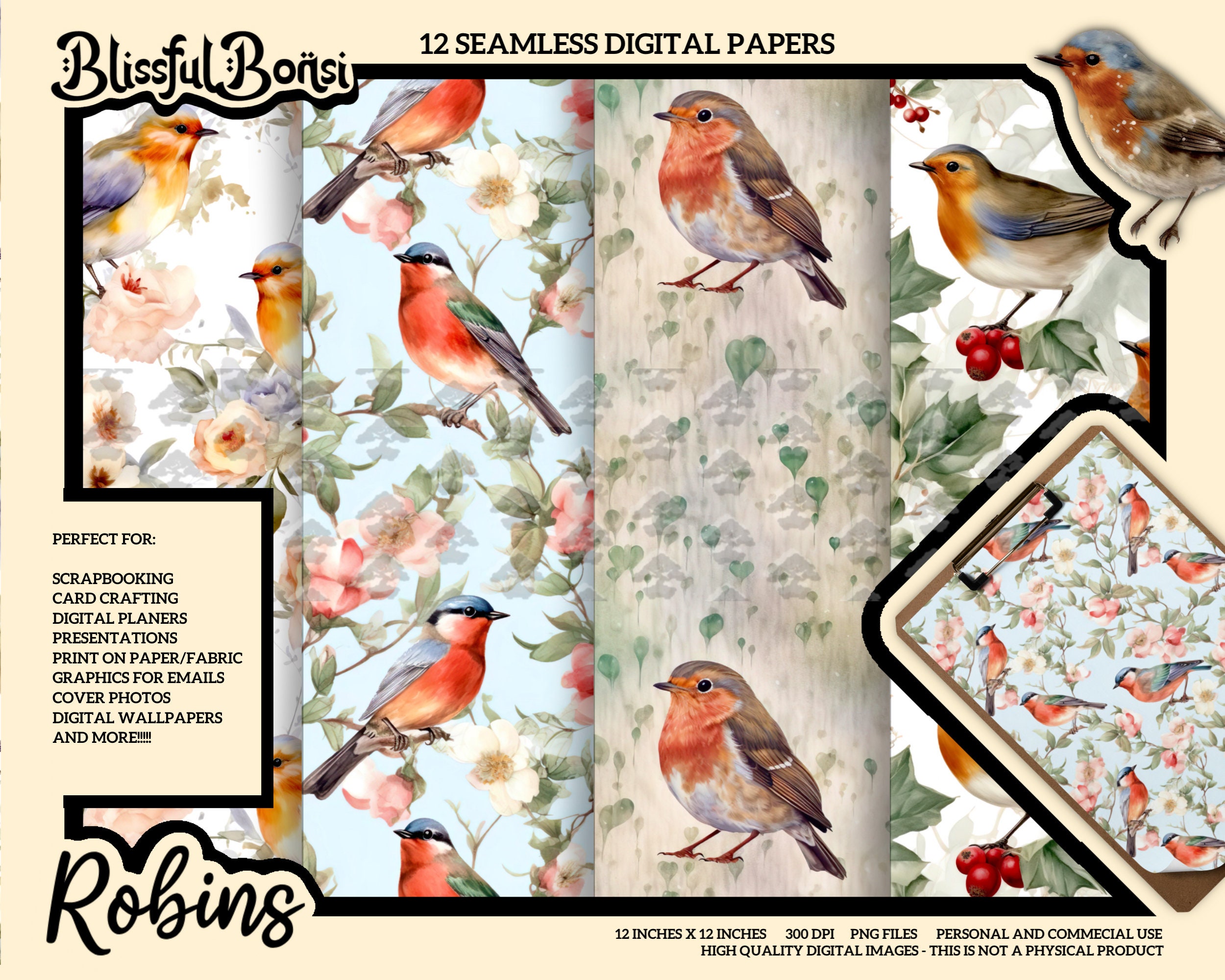 Robins Digital Paper, Robin Digital Paper, Robin Repeating Pattern ...