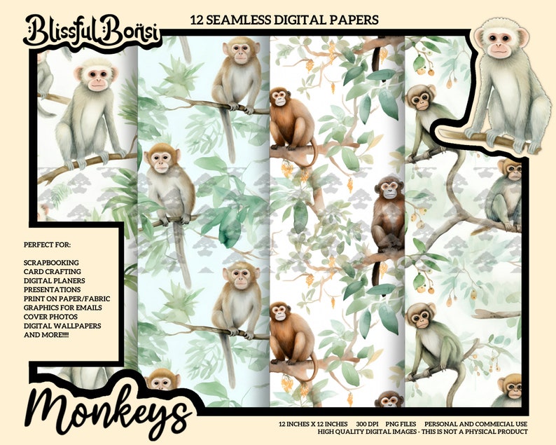 Monkey Digital Paper, Monkeys Digital Paper, Monkey Repeating Pattern ...