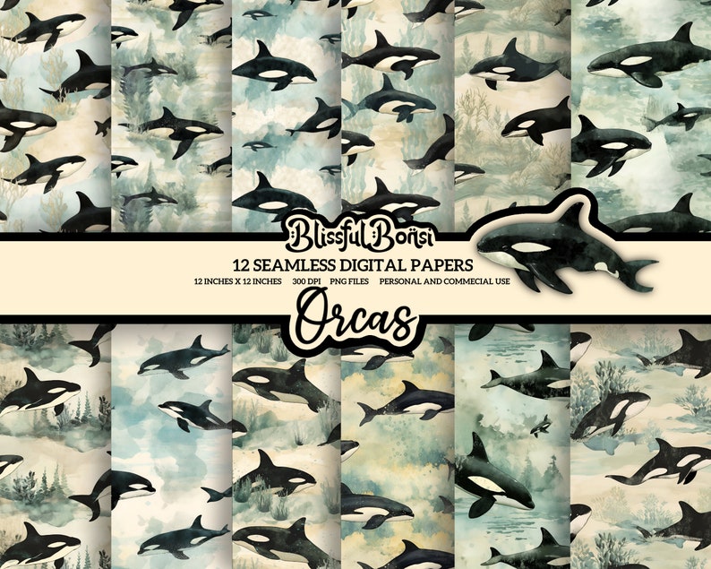Orcas Digital Paper, Killer Whale Digital Paper, Orca Repeating Pattern ...