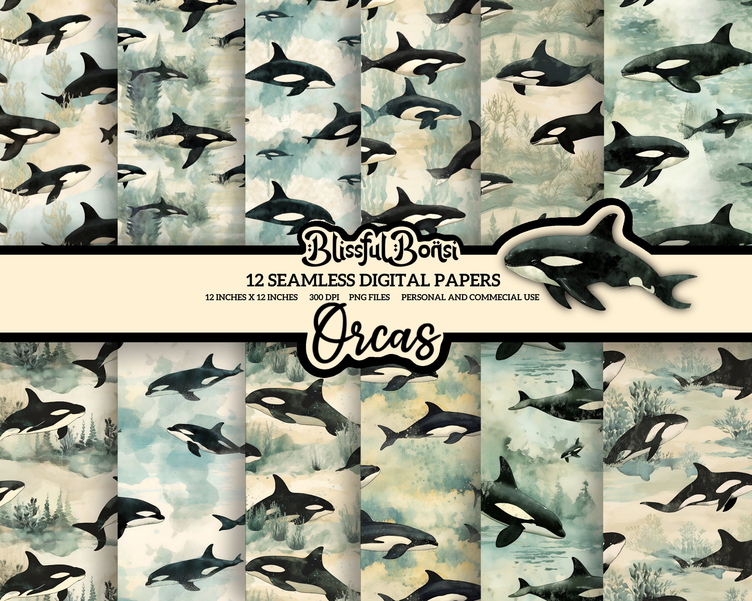 Orcas Digital Paper, Killer Whale Digital Paper, Orca Repeating Pattern ...